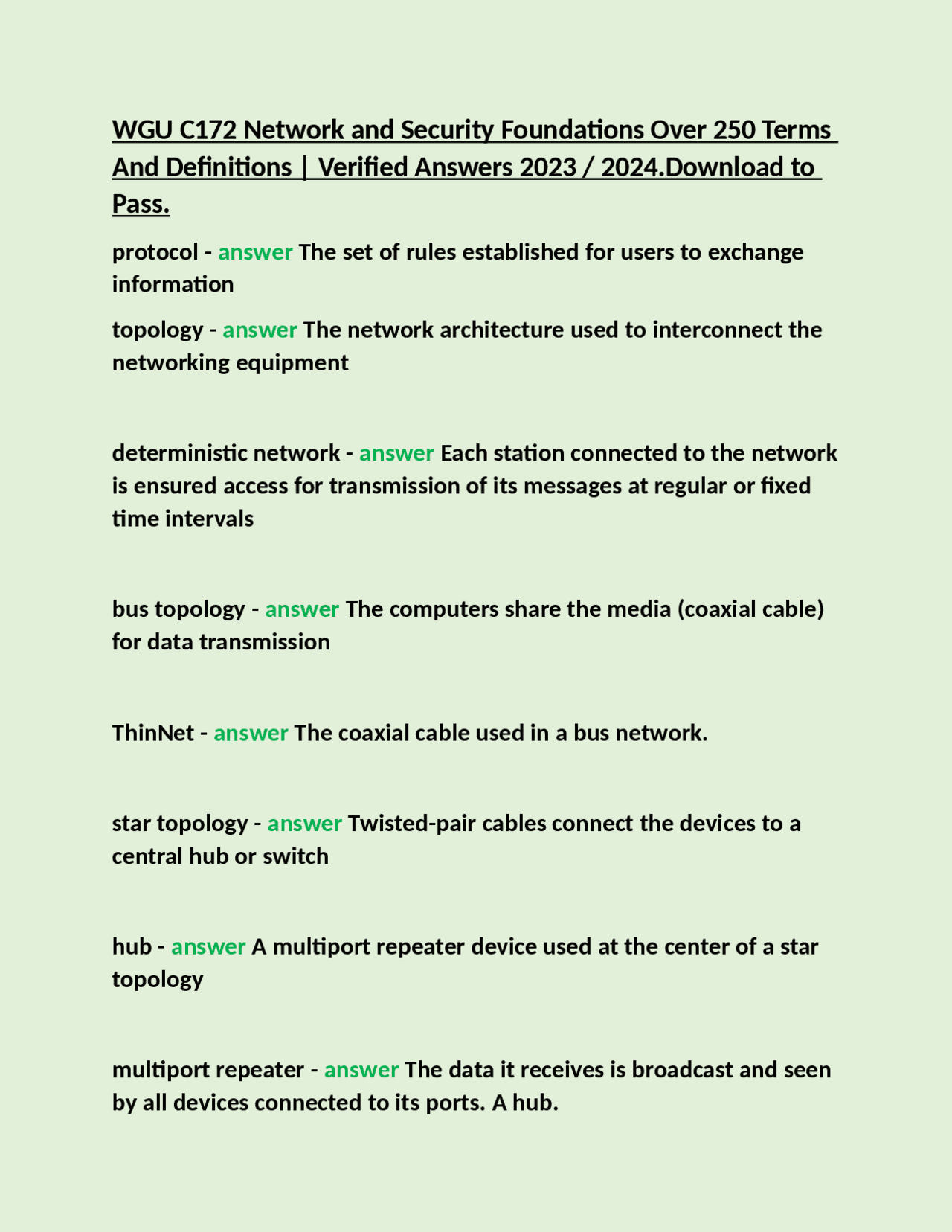 WGU C172 Network and Security Foundations Over 250 Terms And Definitions | Verified Answer ...
