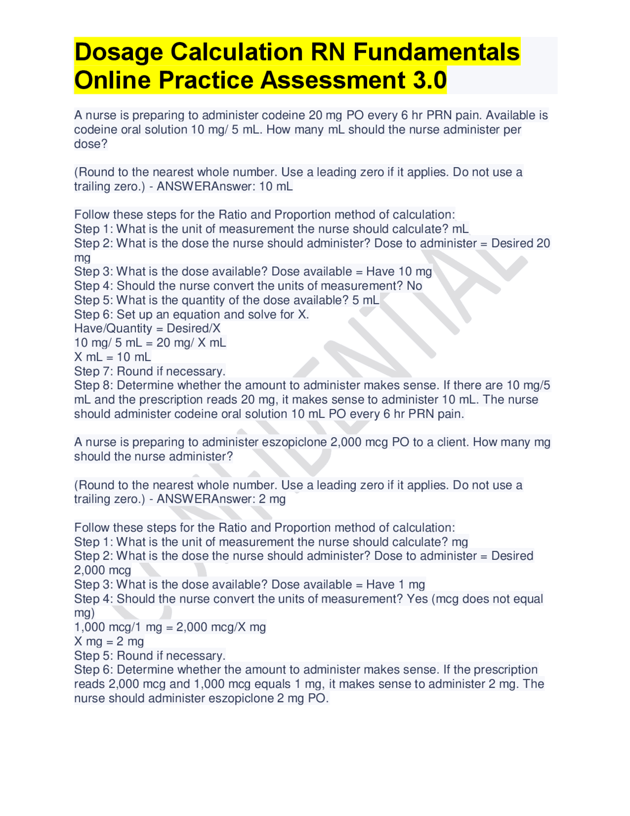 Dosage Calculation RN Fundamentals Online Practice Assessment 3.0 ...