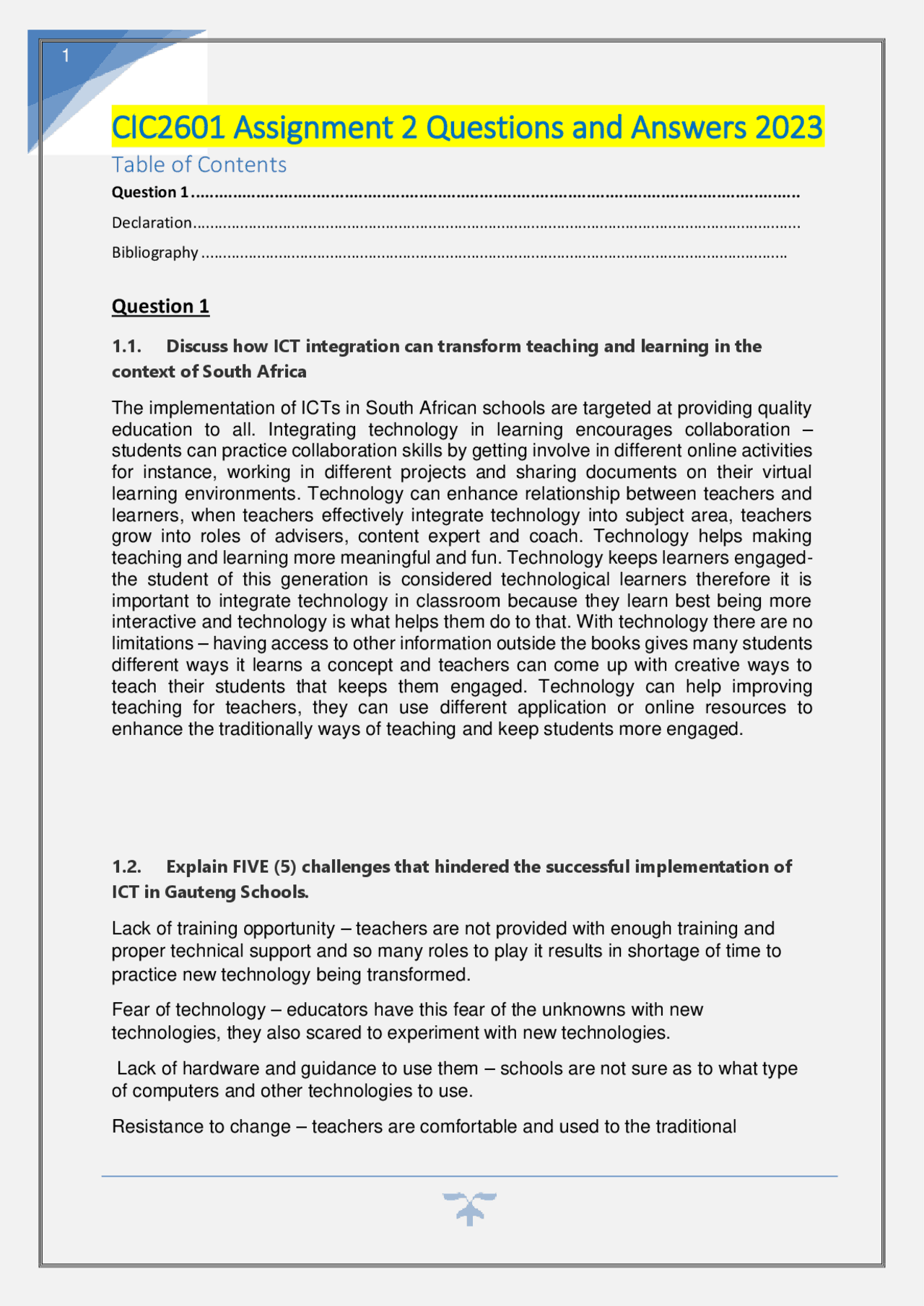 CIC2601 Assignment 2 Questions and Answers 2023 | Exams Information Technology | Docsity