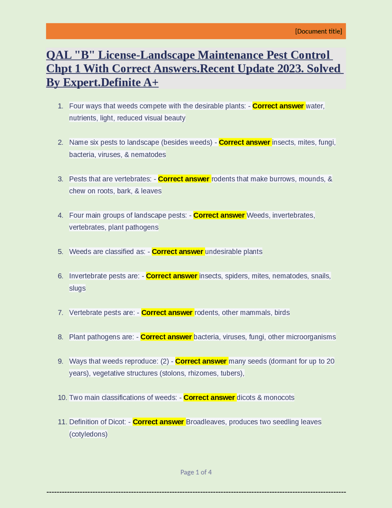 QAL "B" License-Landscape Maintenance Pest Control Chpt 1 With Correct ...