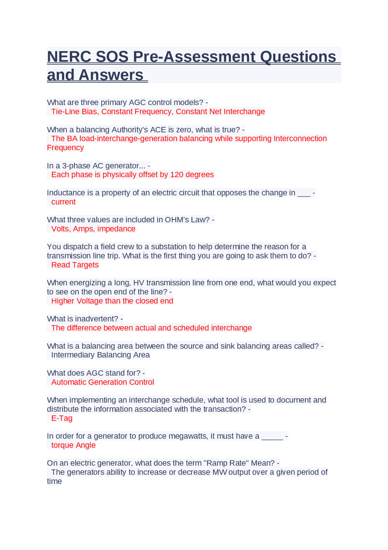 NERC SOS Pre-Assessment Questions and Answers | Exams Nursing | Docsity