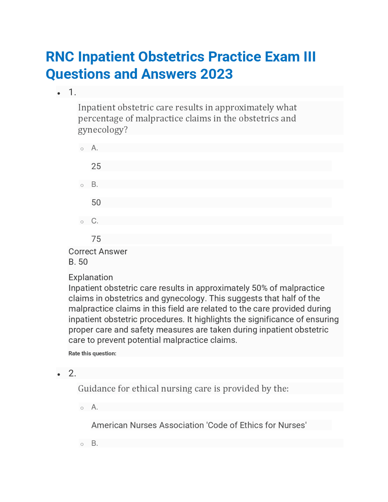 RNC Inpatient Obstetrics Practice Exam III Questions and Answers 2023 ...