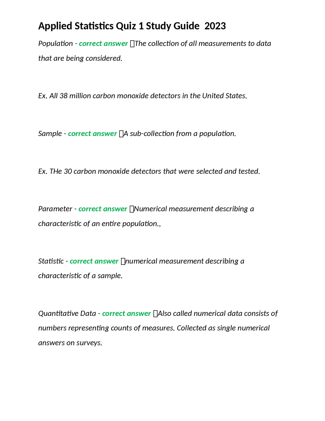 Applied Statistics Quiz 1 Study Guide 2023 | Exams Nursing | Docsity