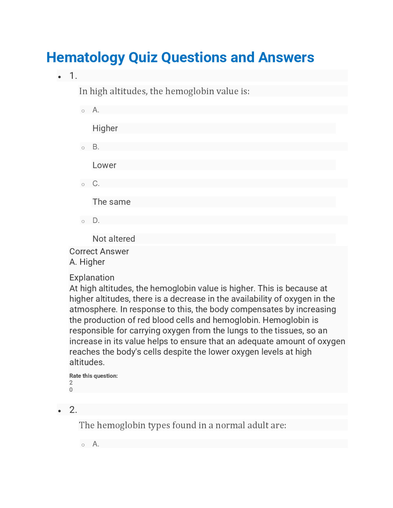 Hematology Quiz Questions and Answers | Exams Nursing | Docsity