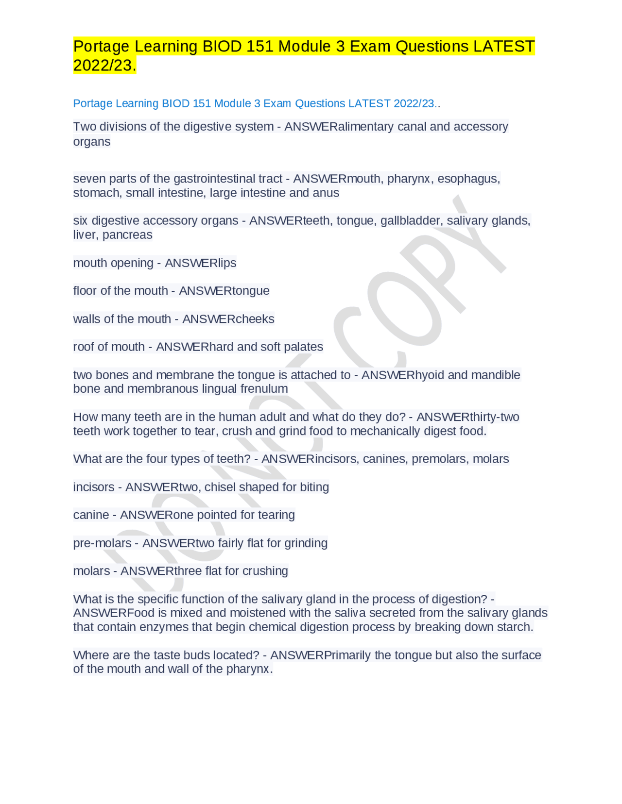 Portage Learning BIOD 151 Module 3 Exam Questions LATEST 2022/23 ...