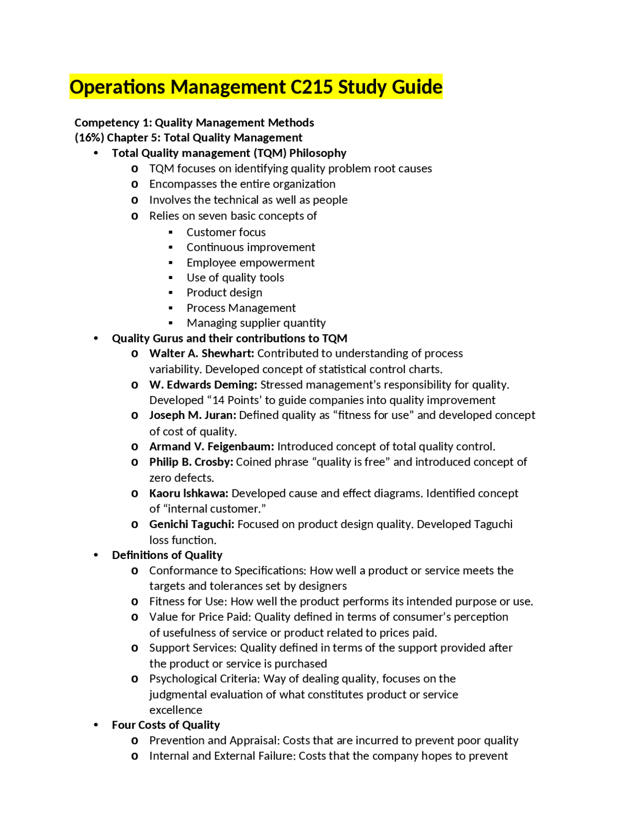 Operations Management C215 Study Guide | Study Guides, Projects, Research Production and ...