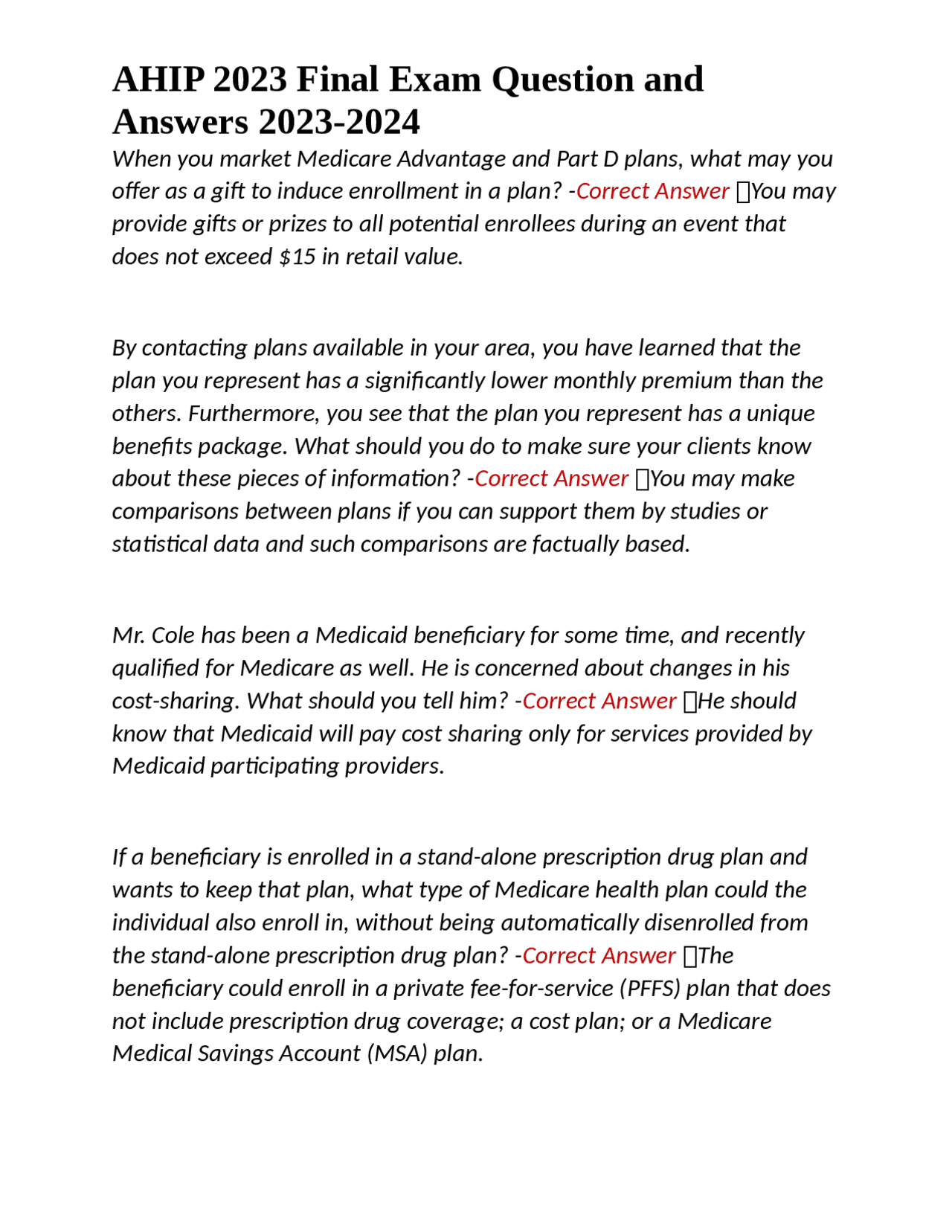 AHIP 2023 Final Exam Question and Answers 2023-2024 | Exams Nursing | Docsity