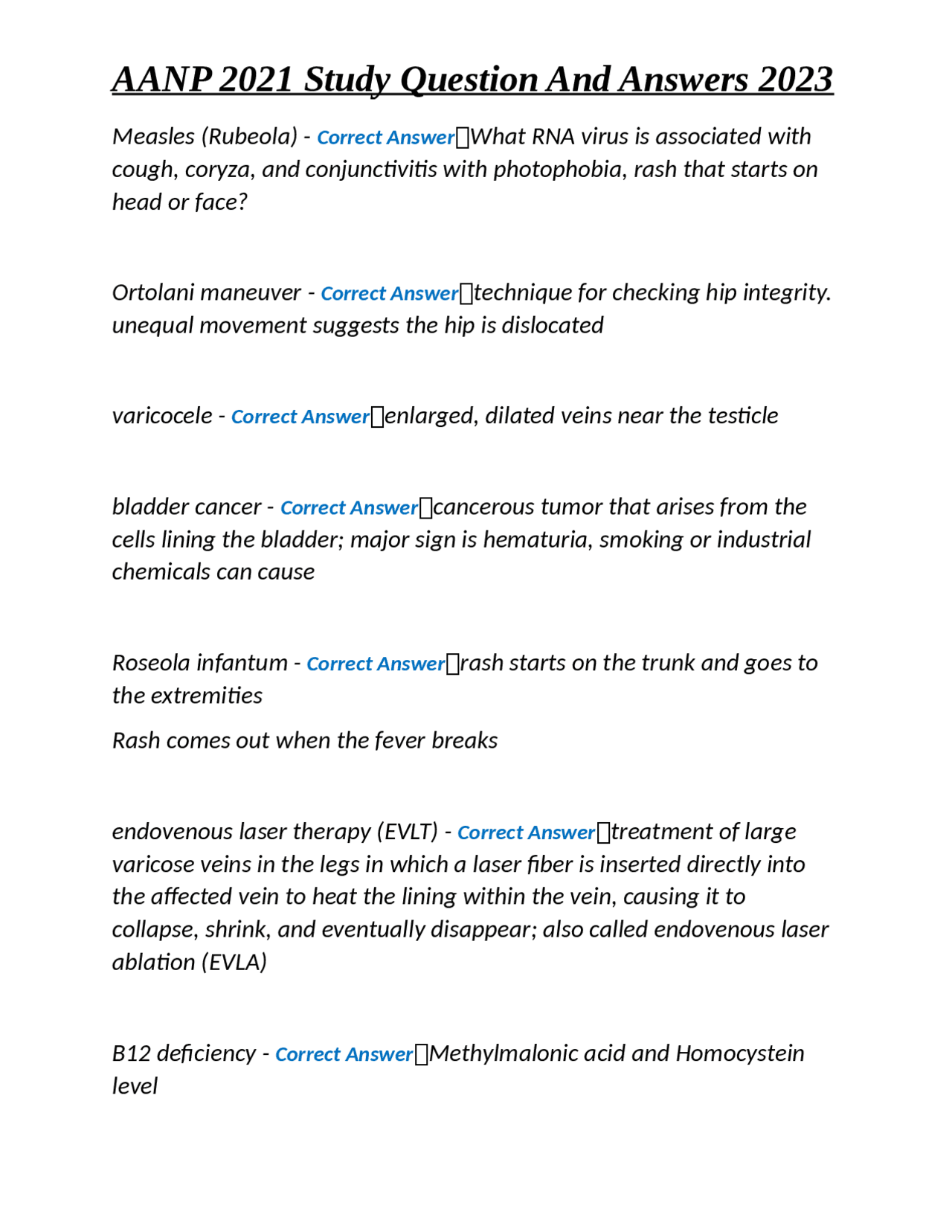 AANP 2021 Study Question And Answers 2023 | Exams Nursing | Docsity