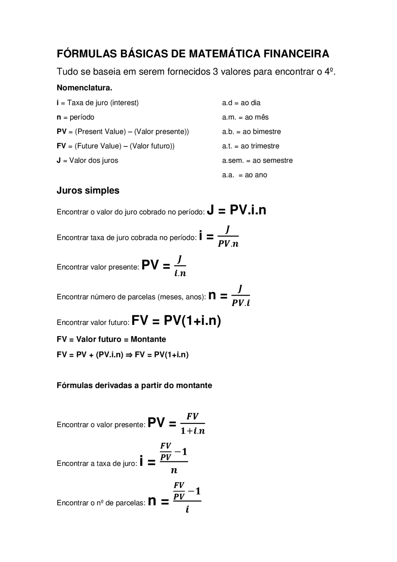 Fórmulas Básicas de Matemática Finaceira | Exercícios Matemática ...