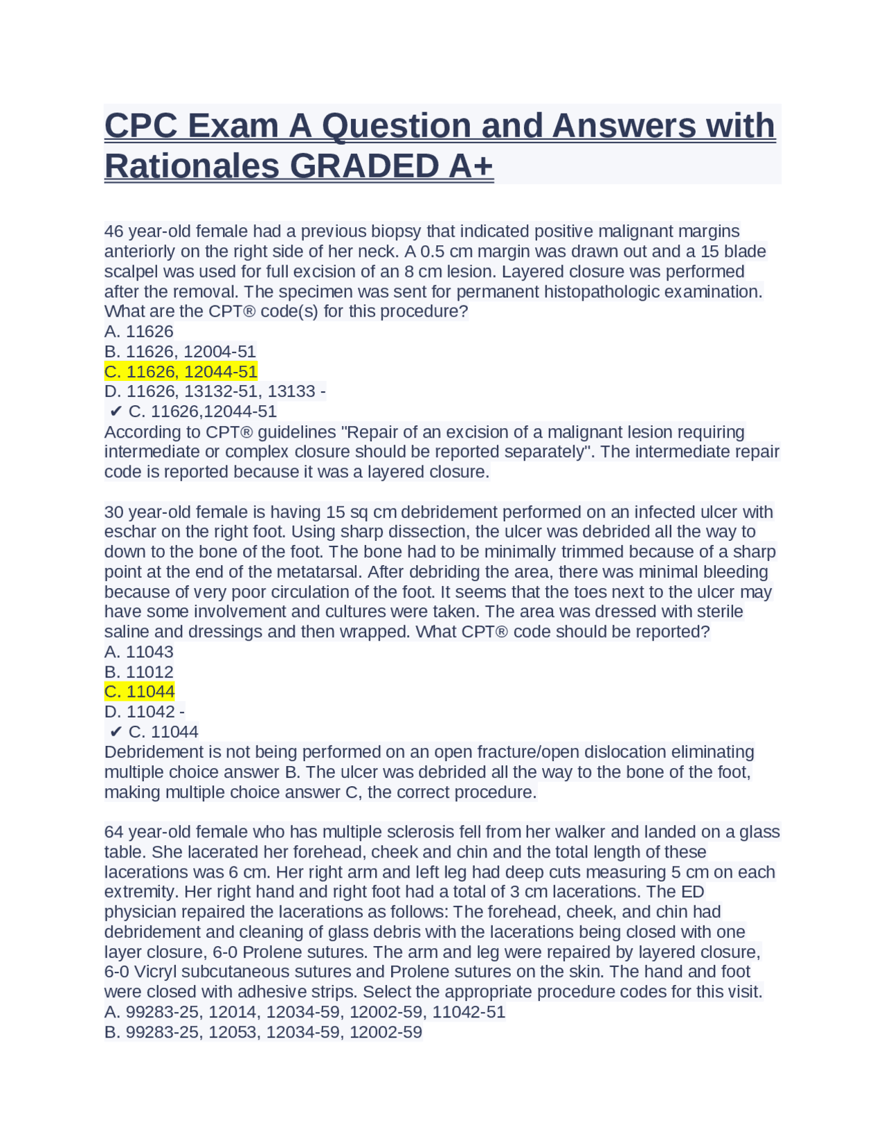 CPC Exam A Question and Answers with Rationales GRADED A+ | Exams ...