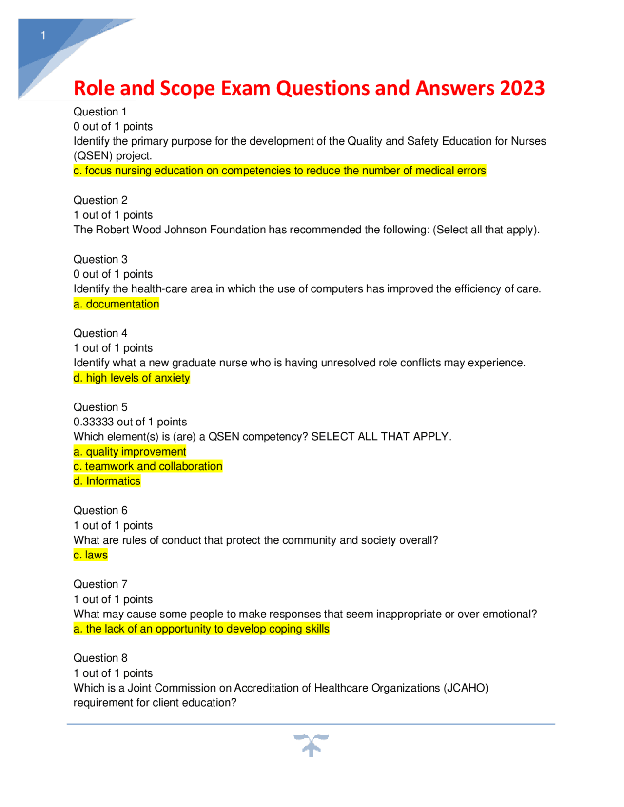 Role And Scope Exam Questions And Answers 2023 Exams Nursing Docsity