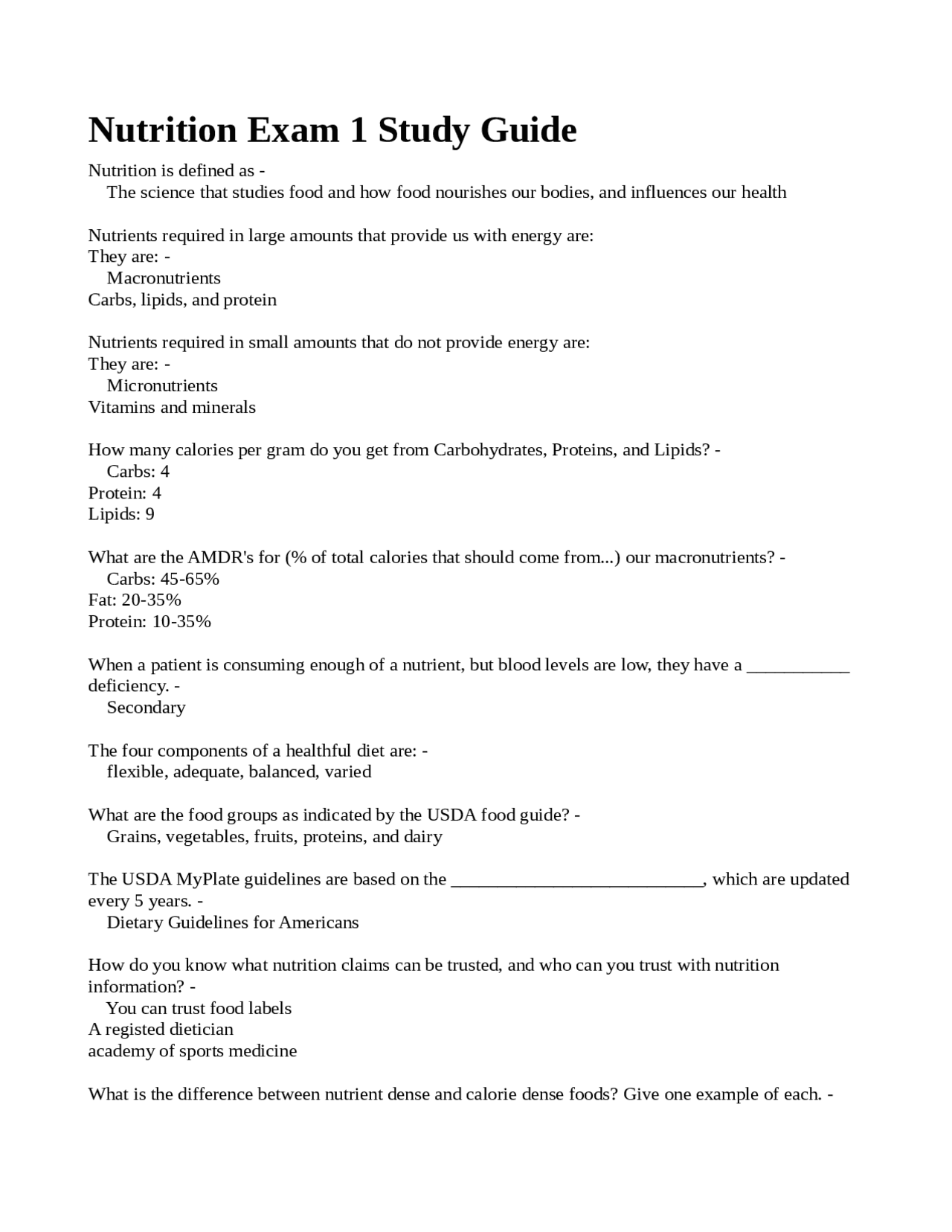Quizlet Nutrition Exam 1 Quizlet Nutrition Exam 1