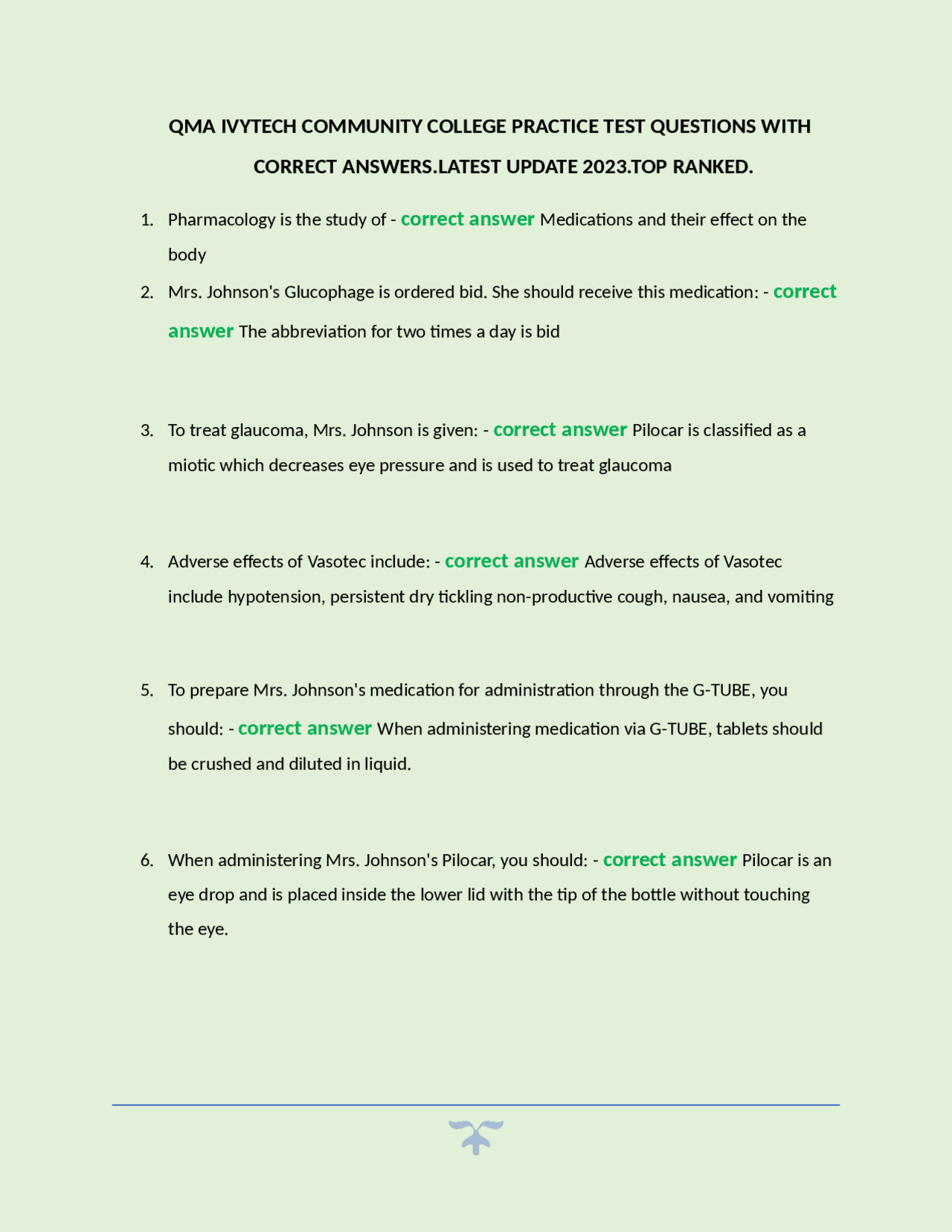 QMA IVYTECH COMMUNITY COLLEGE PRACTICE TEST QUESTIONS WITH CORRECT ...