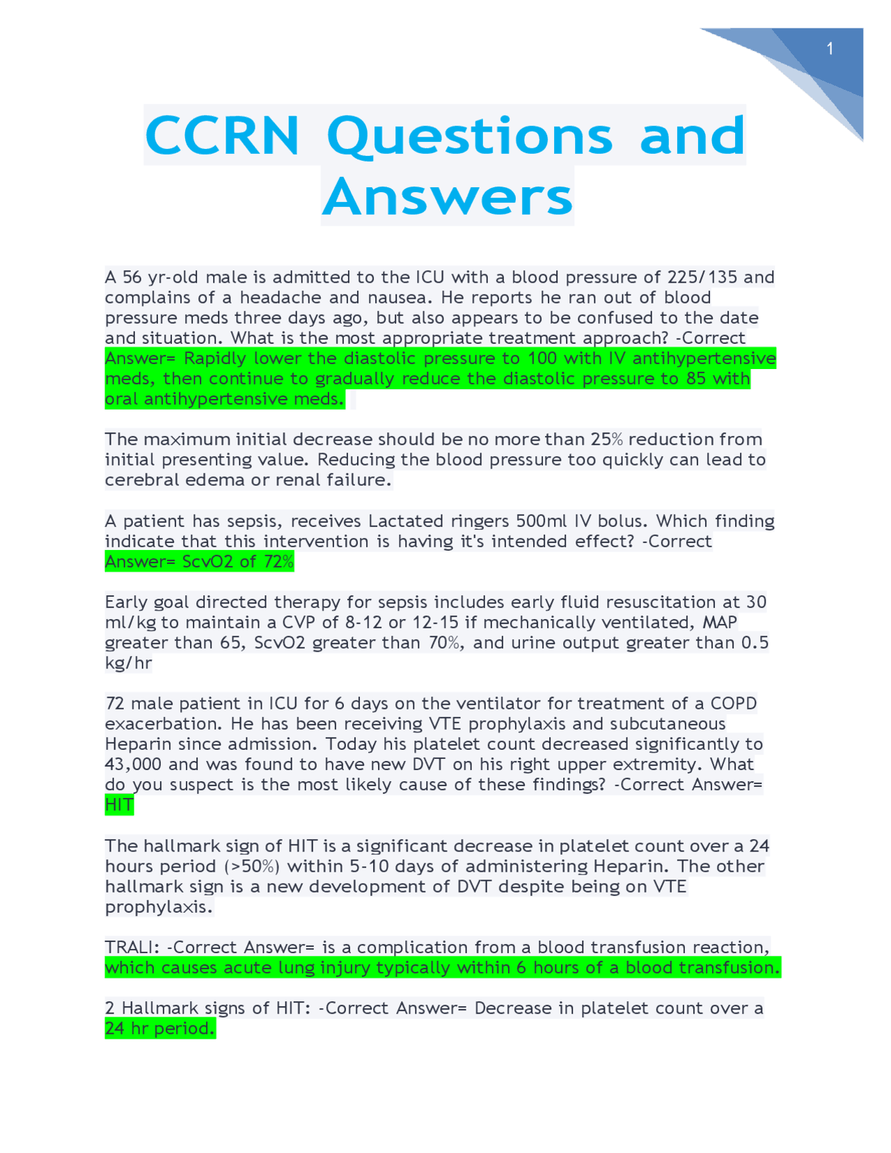 Ccrn Questions And Answers Updated 2023 2024 Graded A Exams Nursing