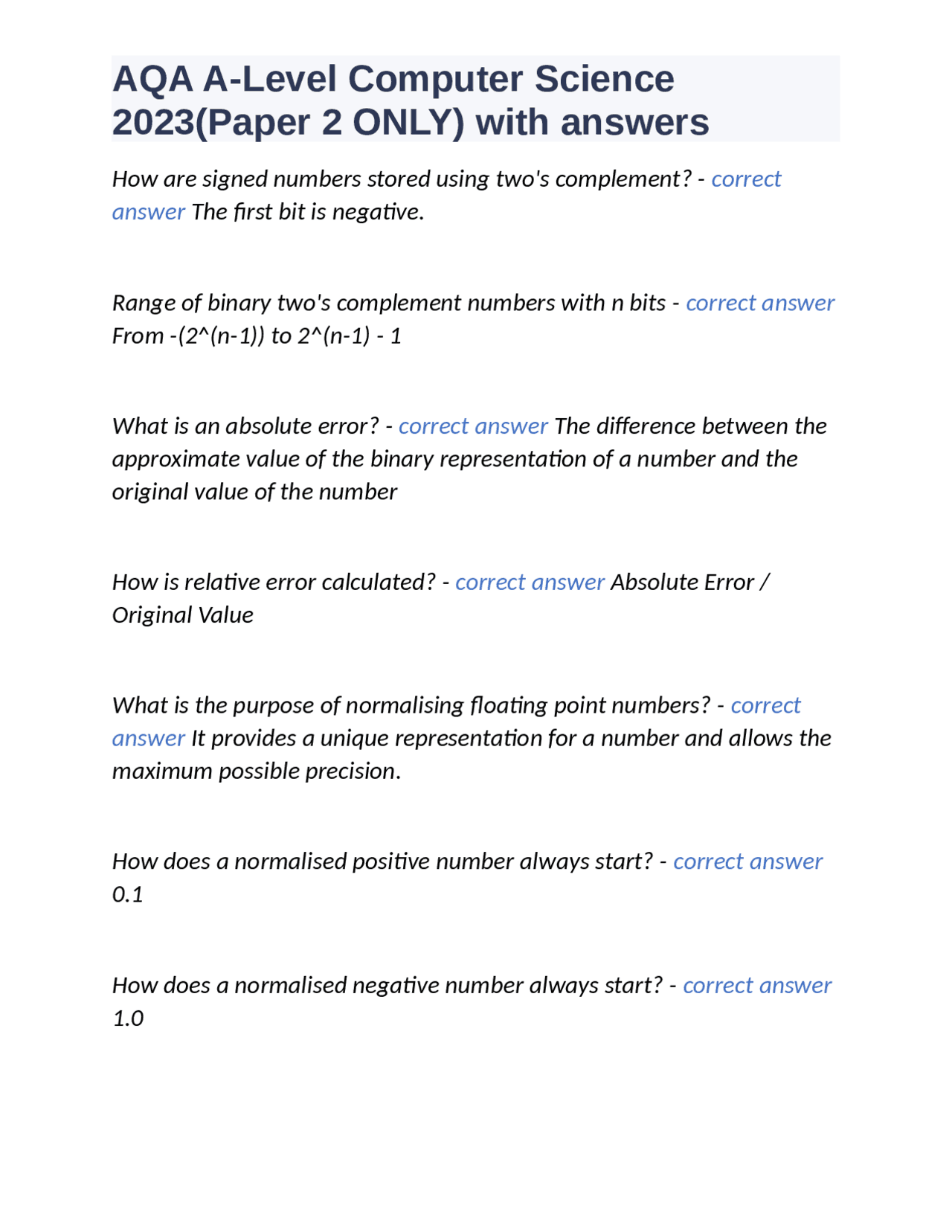 Aqa A Level Computer Science 2023paper 2 Only With Answers Exams