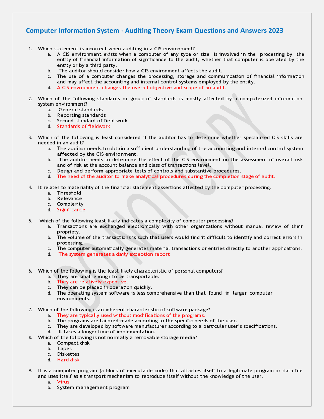 Computer Information System - Auditing Theory Exam Questions and Answers 2023 | Exams Computer ...
