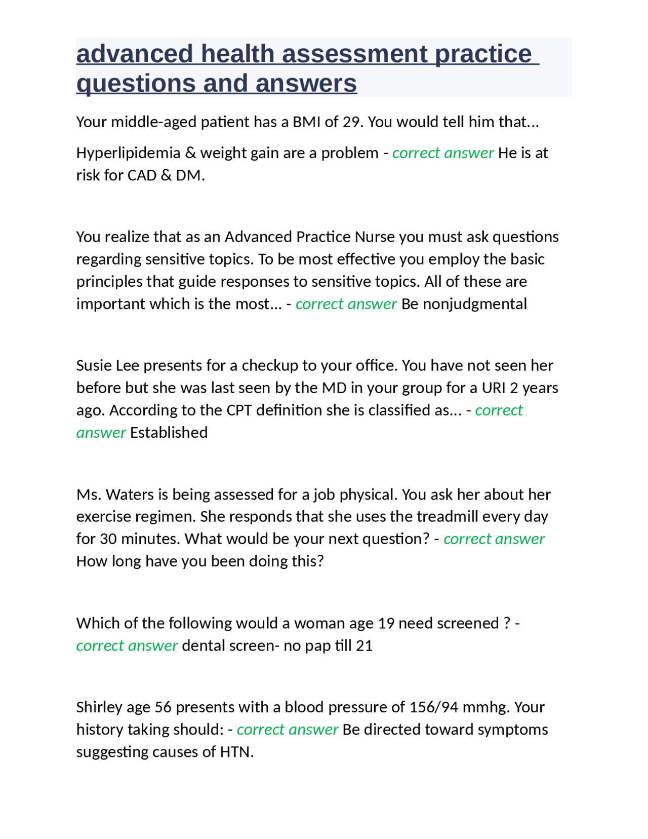 Advanced Health Assessment Practice Questions And Answers Exams
