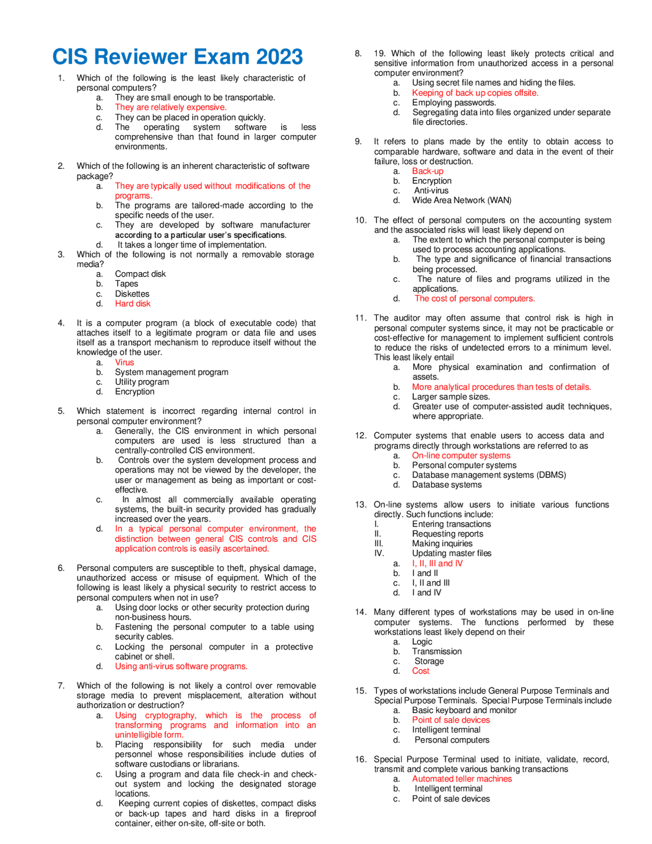 Cis Reviewer Exam 2023 Answers Exams Computer Science Docsity