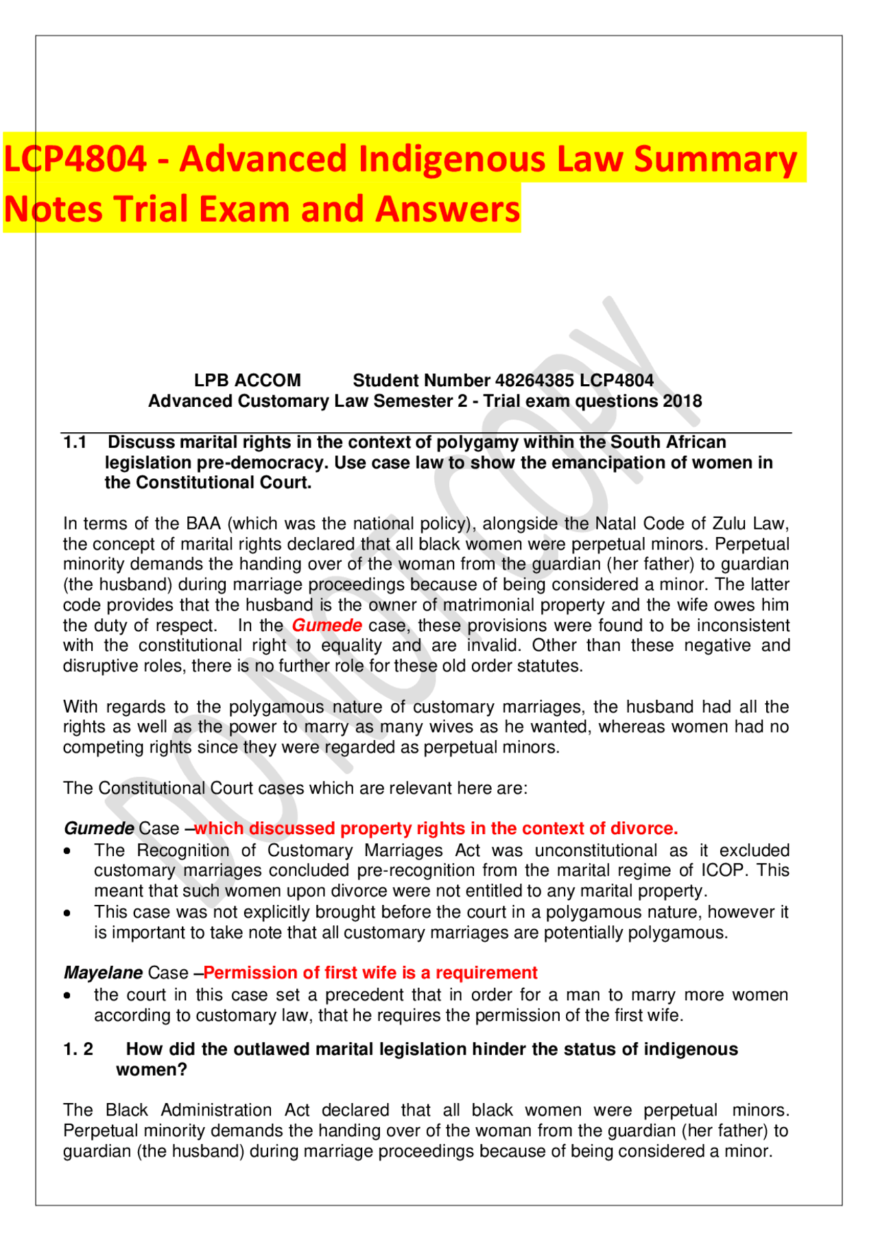Lcp4804 Advanced Indigenous Law Summary Notes Trial Exam And Answers