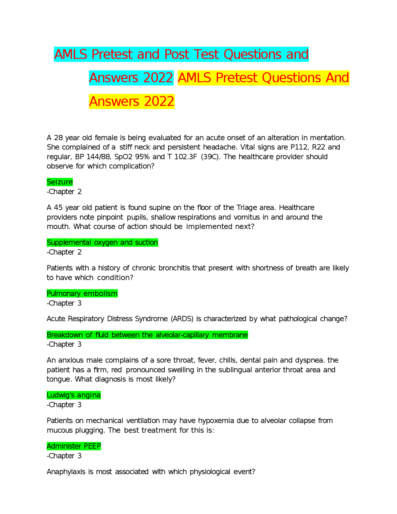 AMLS Pretest and Post Test Questions and Answers 2022 Updated | Exams ...
