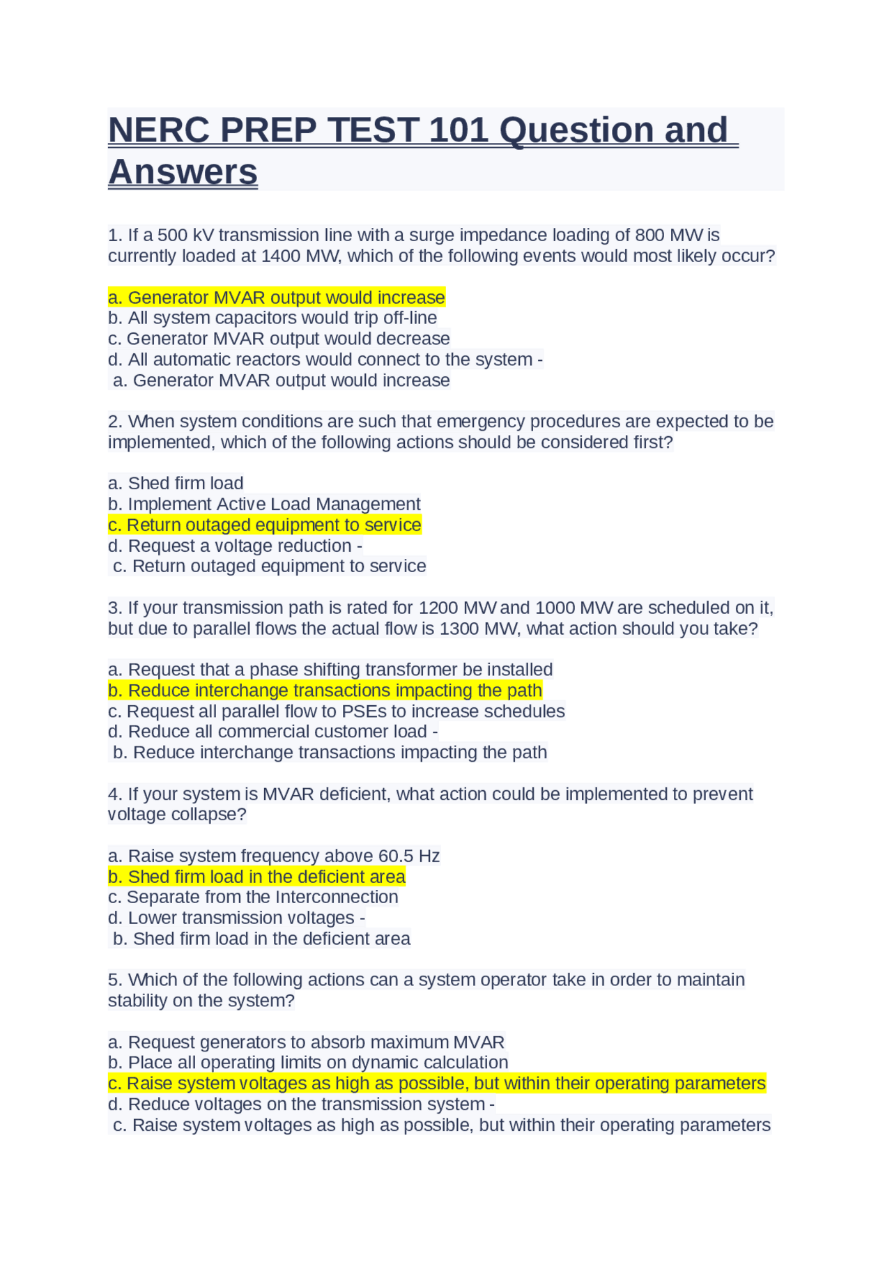 Nerc Prep Test 101 Question And Answers Exams Nursing Docsity