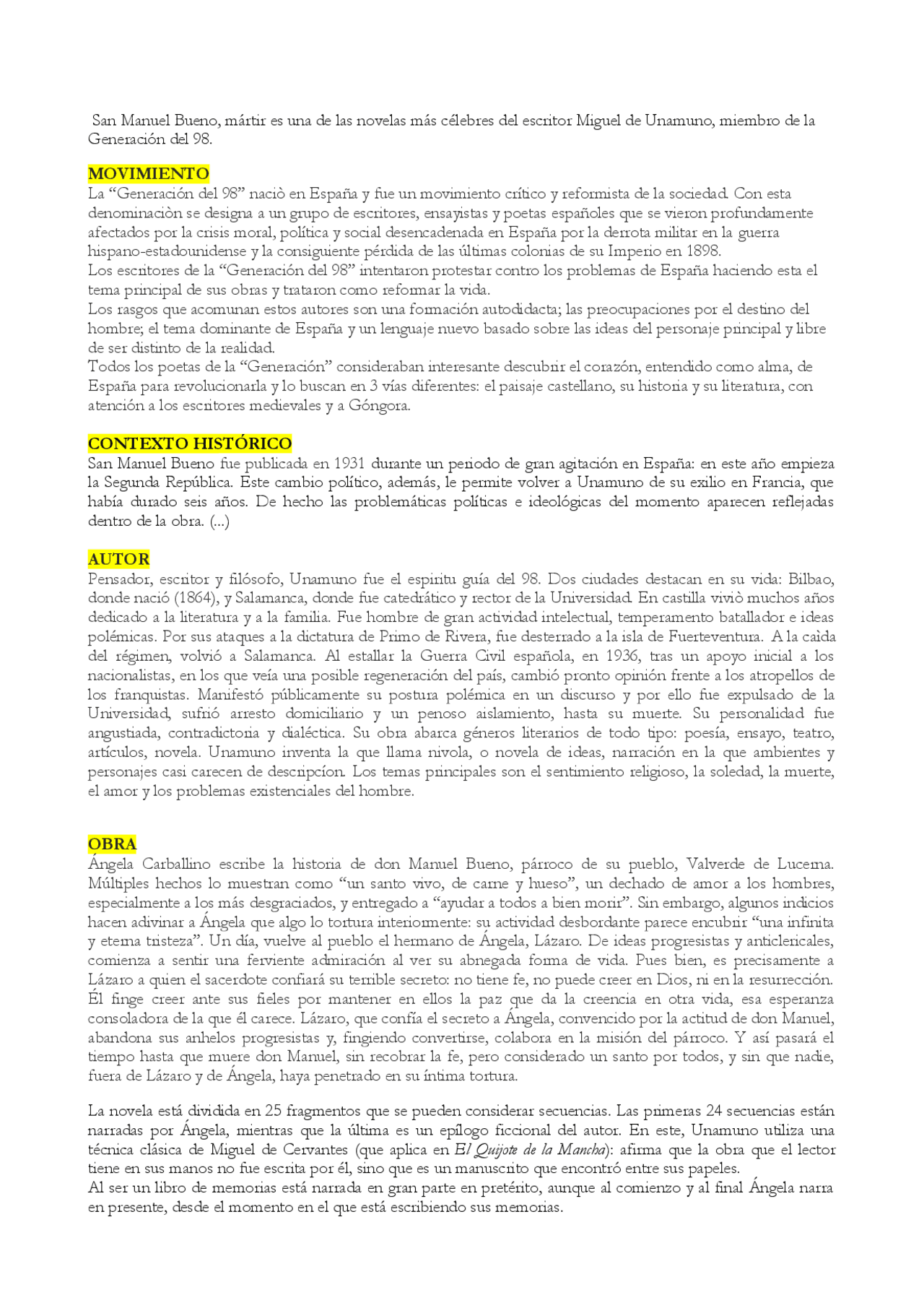 analisi di San Manuel,Bueno Martir | Appunti di Spagnolo | Docsity