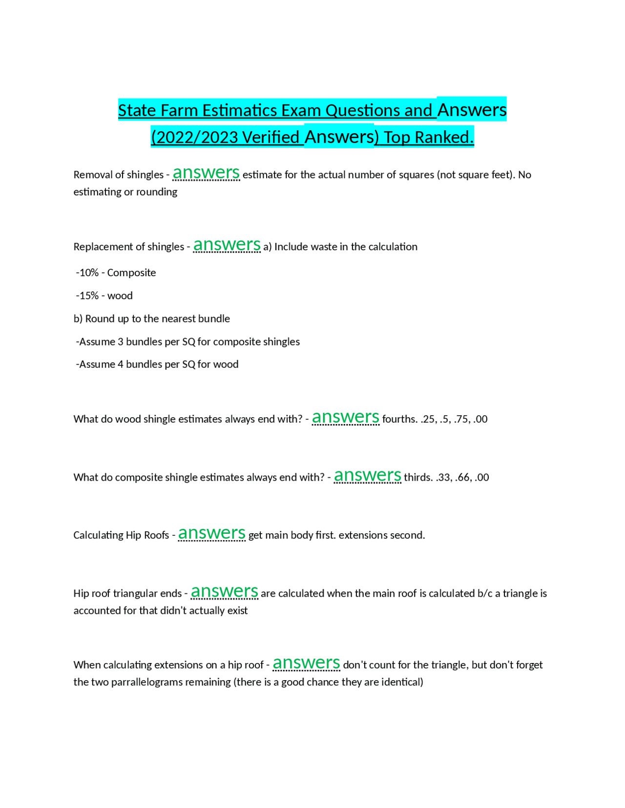 State Farm Estimatics Exam Questions and Answers (2022/2023 Verified ...