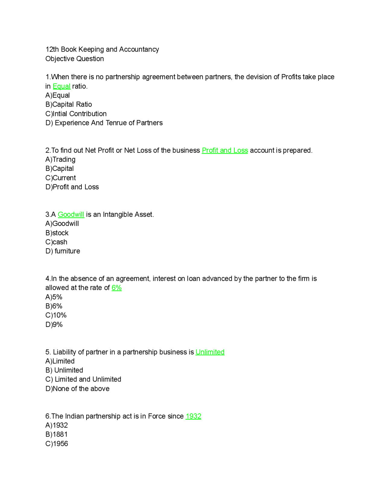 Account Objective Question Quizzes Business Docsity