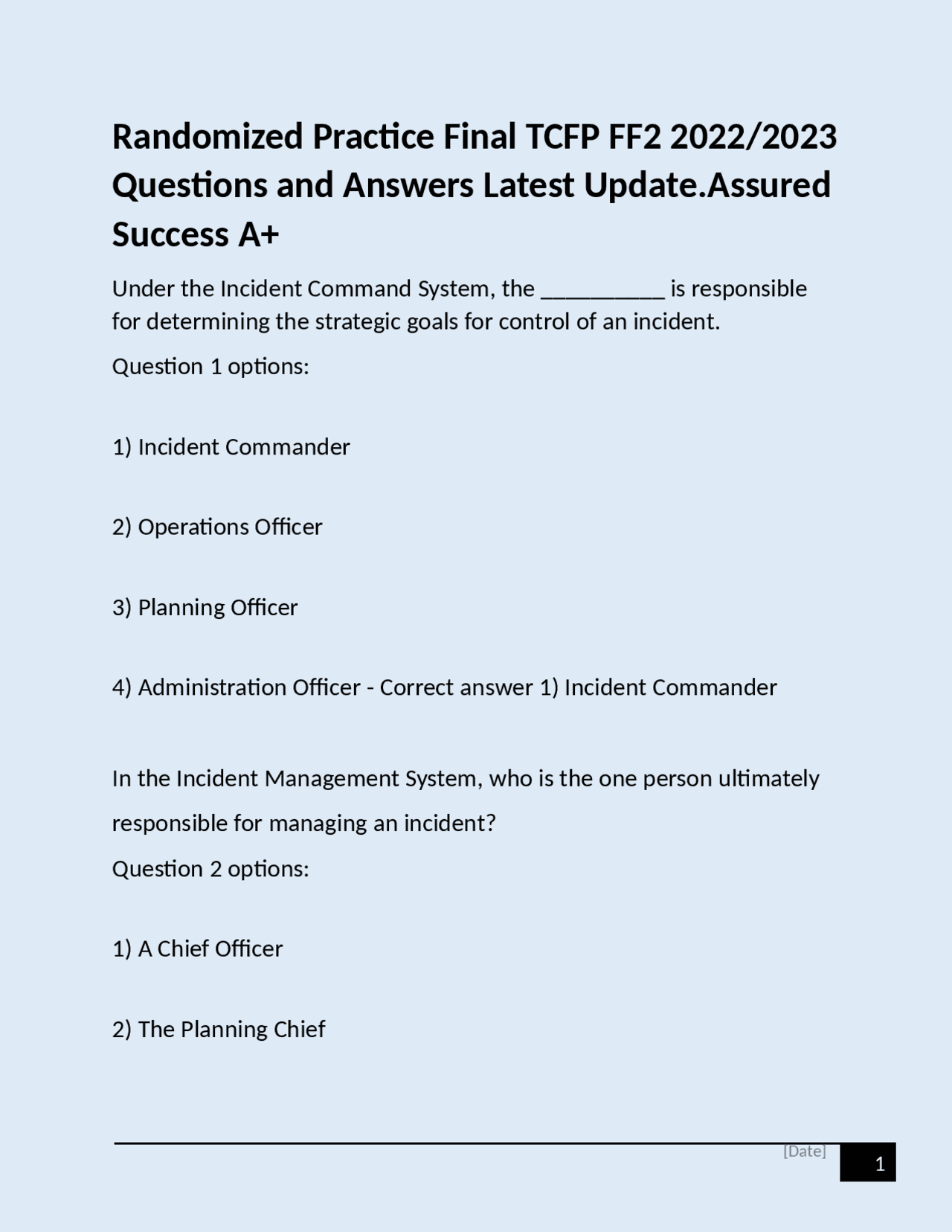 Randomized Practice Final TCFP FF2 2022/2023 Questions and Answers ...
