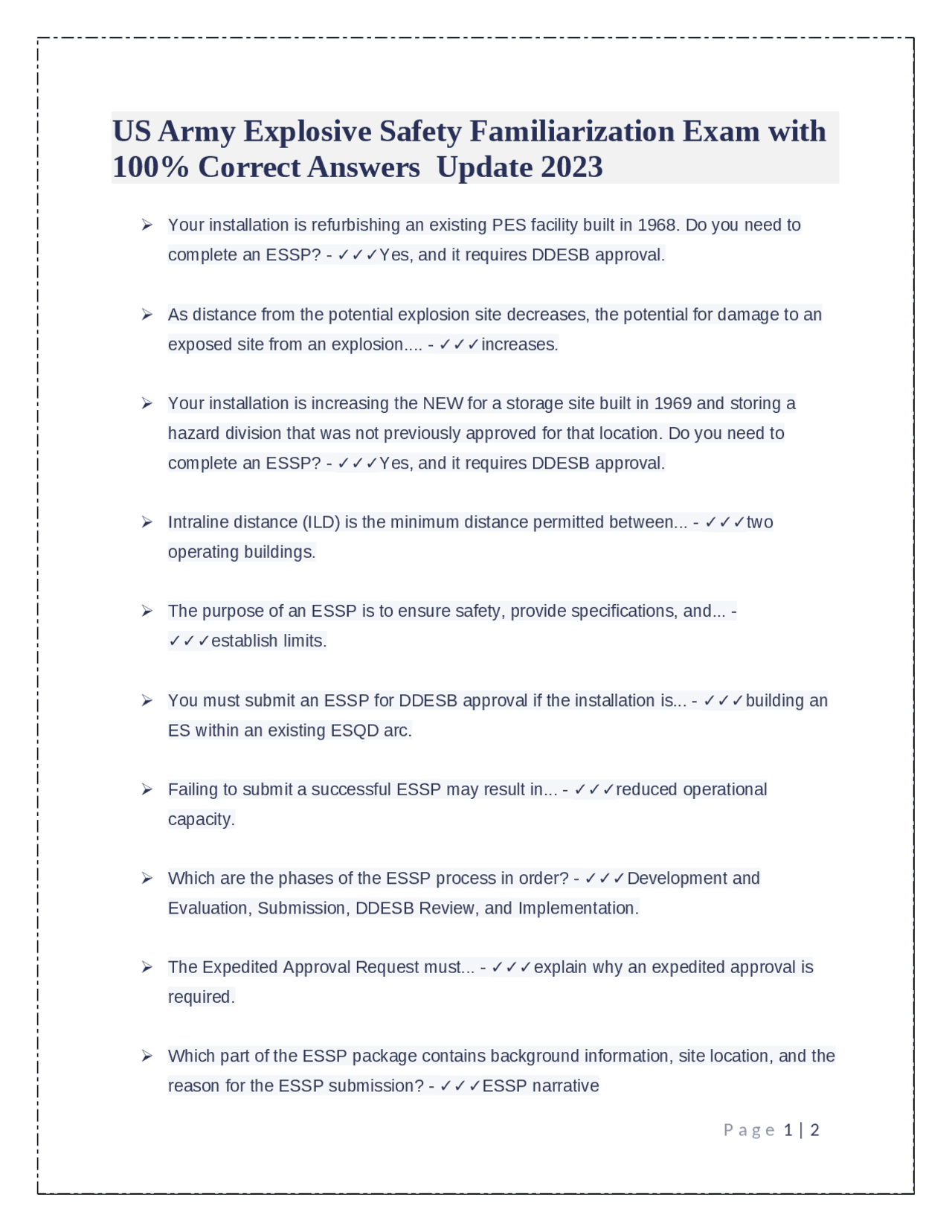 US Army Explosive Safety Familiarization Exam with 100% Correct Answers ...