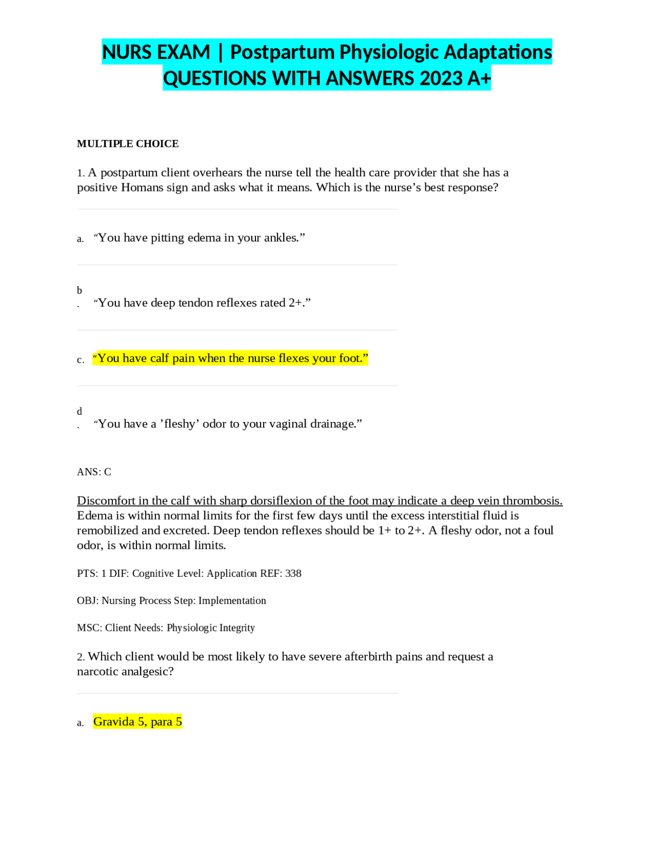 Postpartum Physiologic Adaptations Exam Questions and Answers | Exams ...