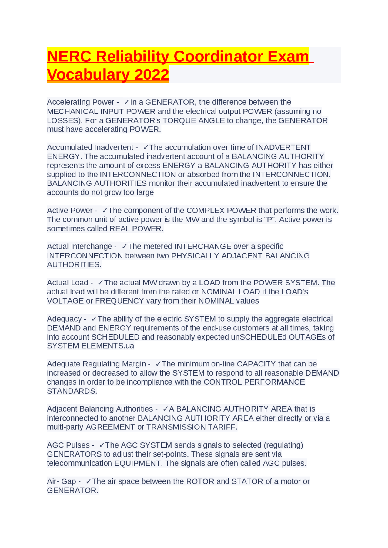 NERC Reliability Coordinator Exam Vocabulary 2022 | Exams Nursing | Docsity