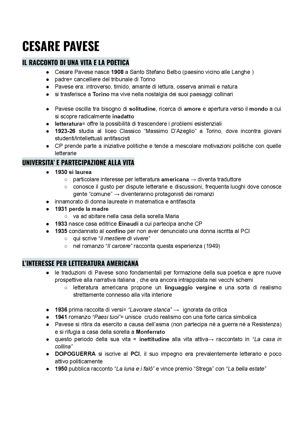 Cesare Pavese: vita e poetica | Schemi e mappe concettuali di Lingue e letterature classiche ...
