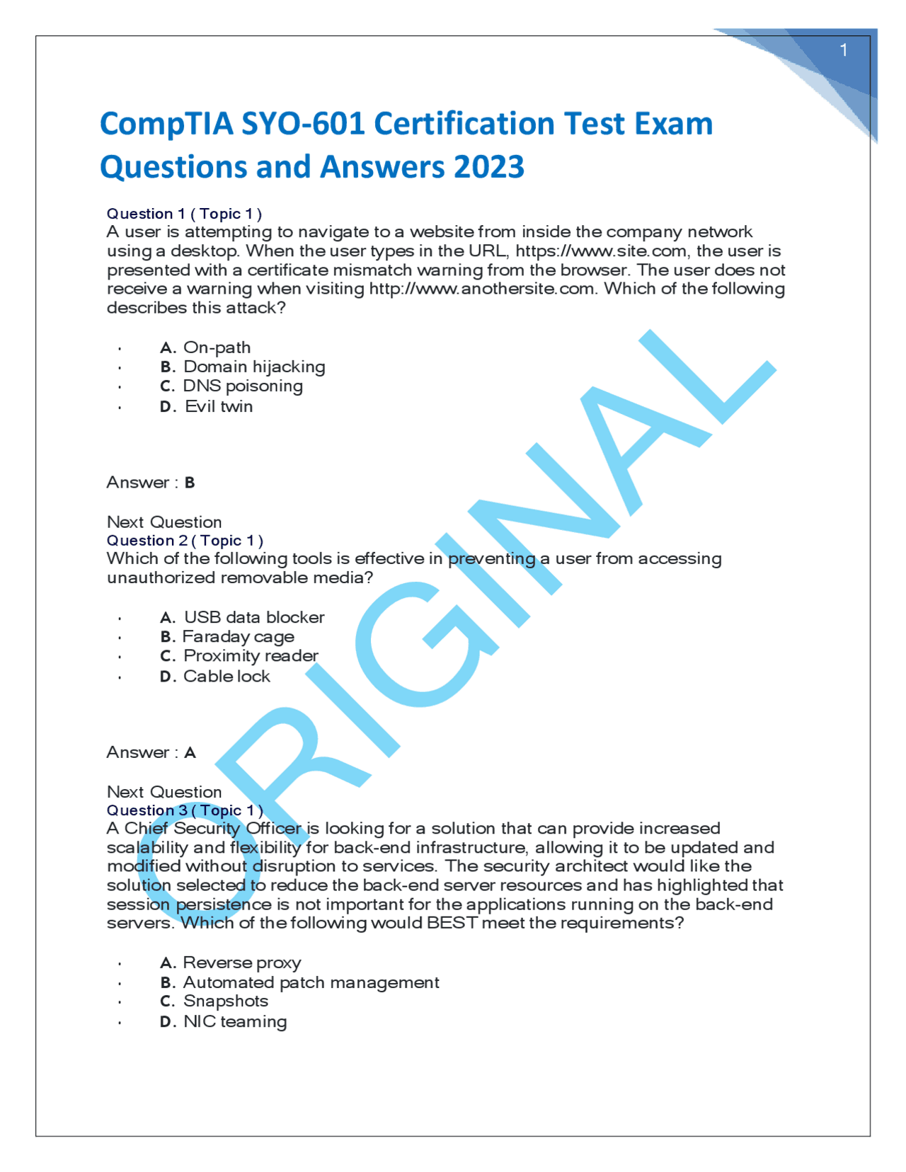 CompTIA SYO-601 Certification Test Exam Questions and Answers 2023 ...