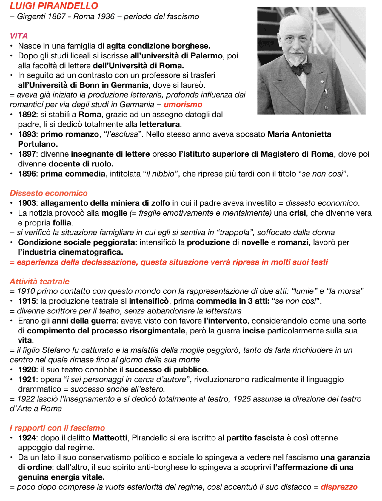 Luigi Pirandello, appunti integrati con il libro | Appunti di Italiano | Docsity