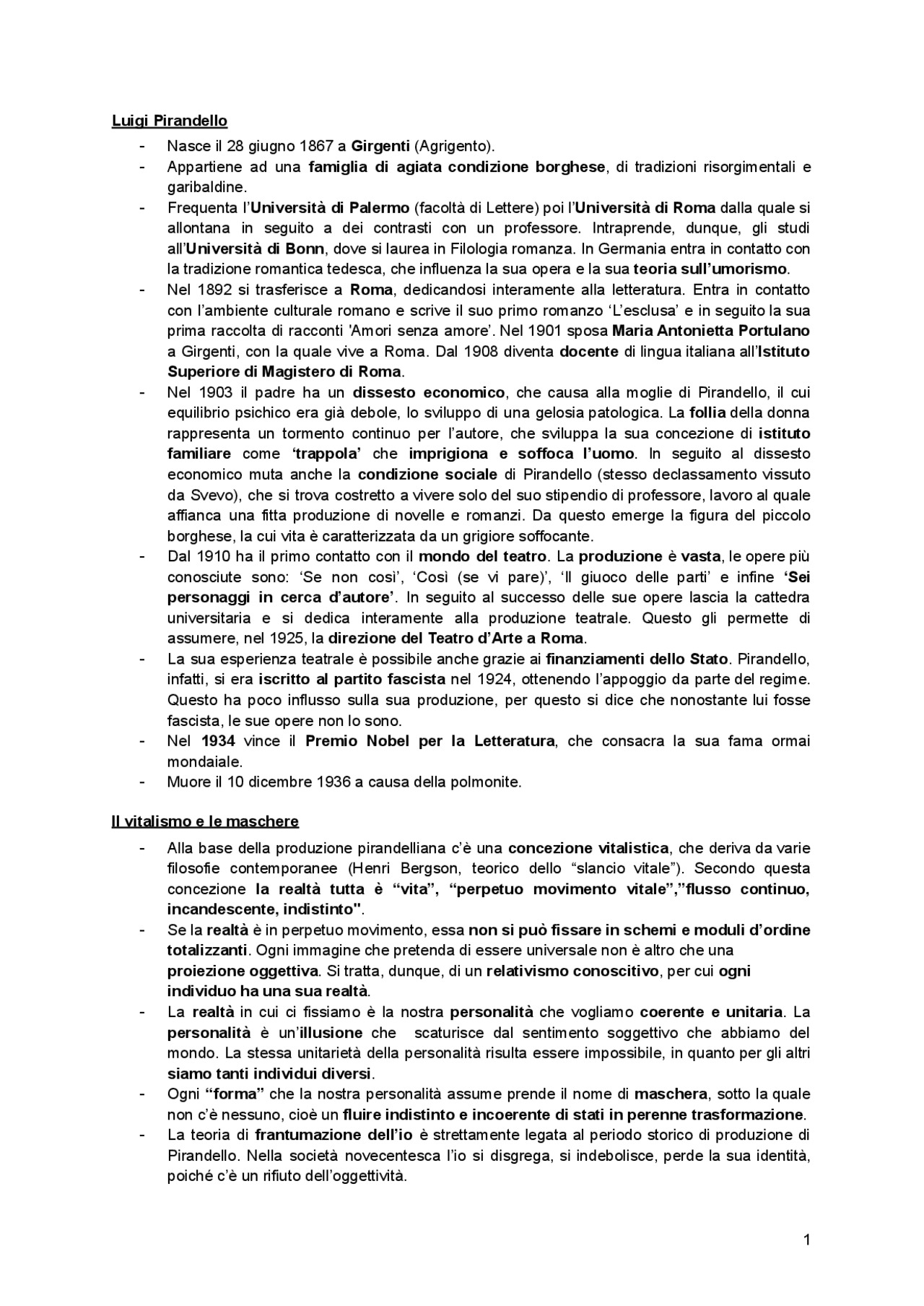 Apputi Luigi Pirandello Schemi E Mappe Concettuali Di Italiano Docsity