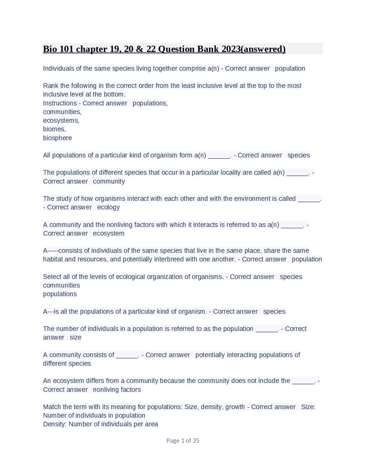 Bio 101 chapter 19, 20 & 22 Question Bank 2023(answered) | Exams ...