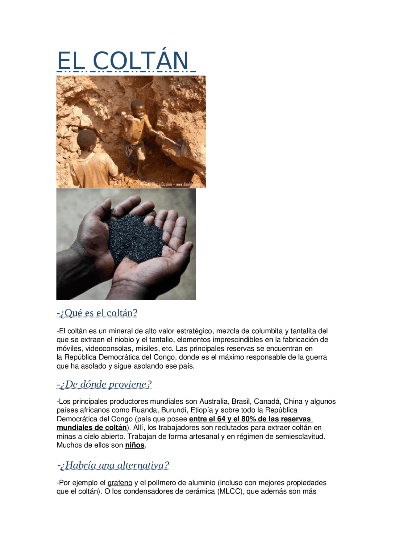 Información sobre el coltán | Ejercicios de Geología | Docsity