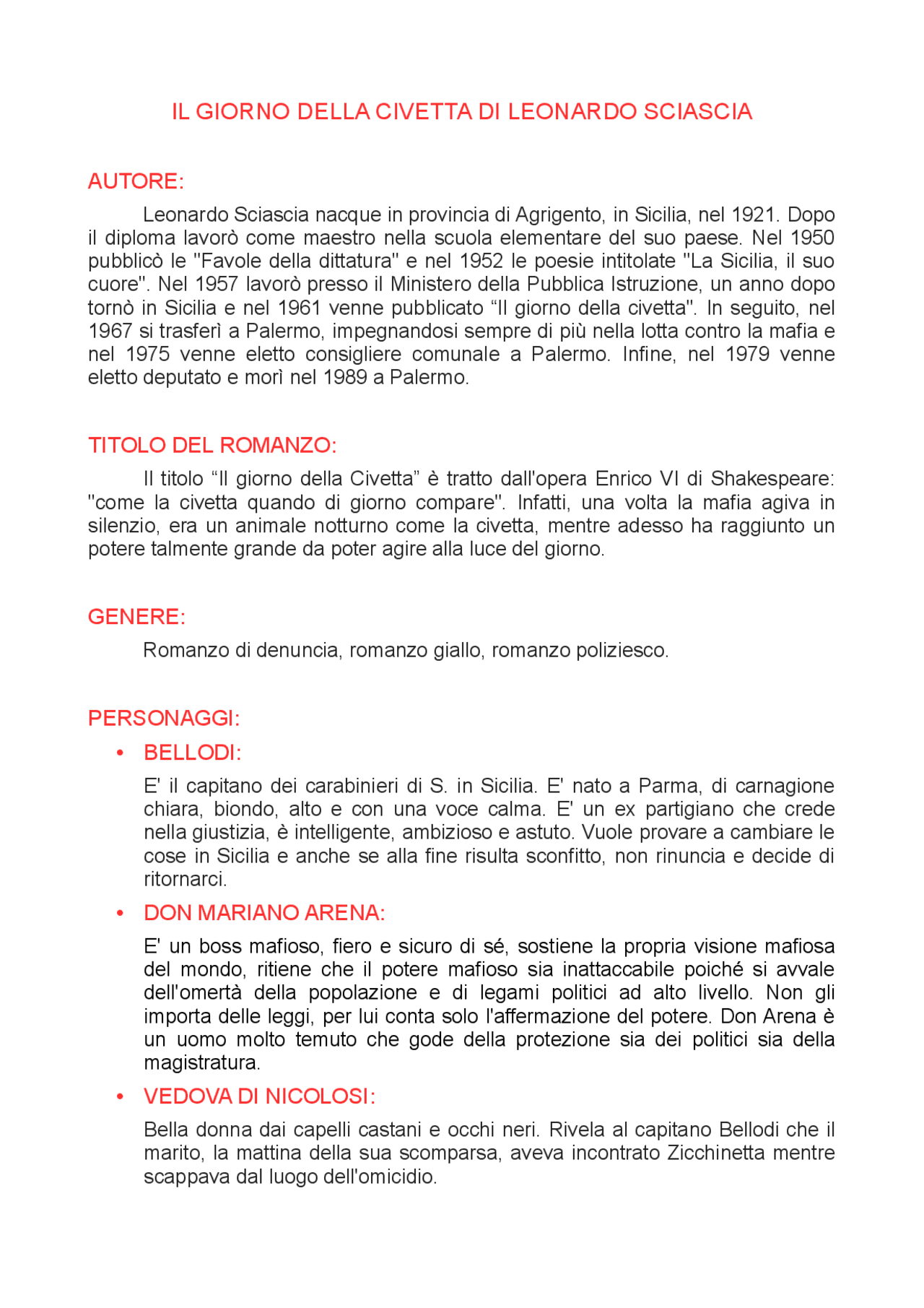 Il giorno della civetta | Sintesi del corso di Italiano | Docsity