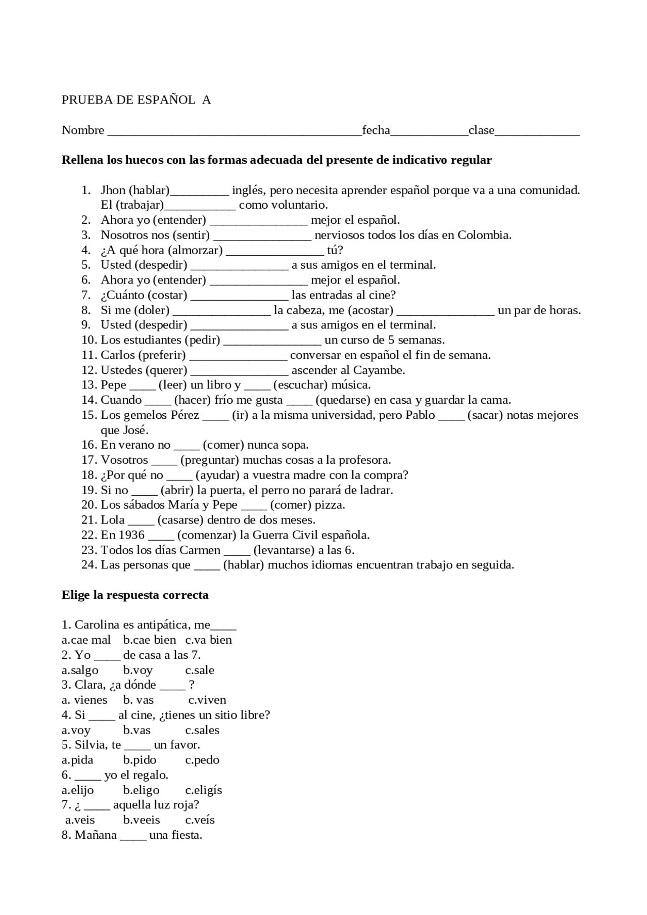 Prueba de espanol para estudiantes italianos | Ejercicios de Lengua y ...