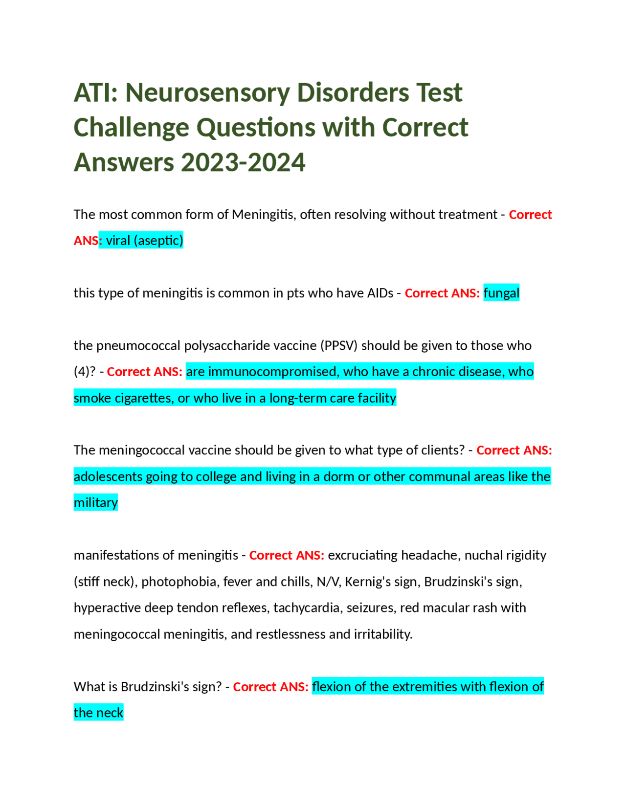 ATI: Neurosensory Disorders Test Challenge Questions with Correct ...