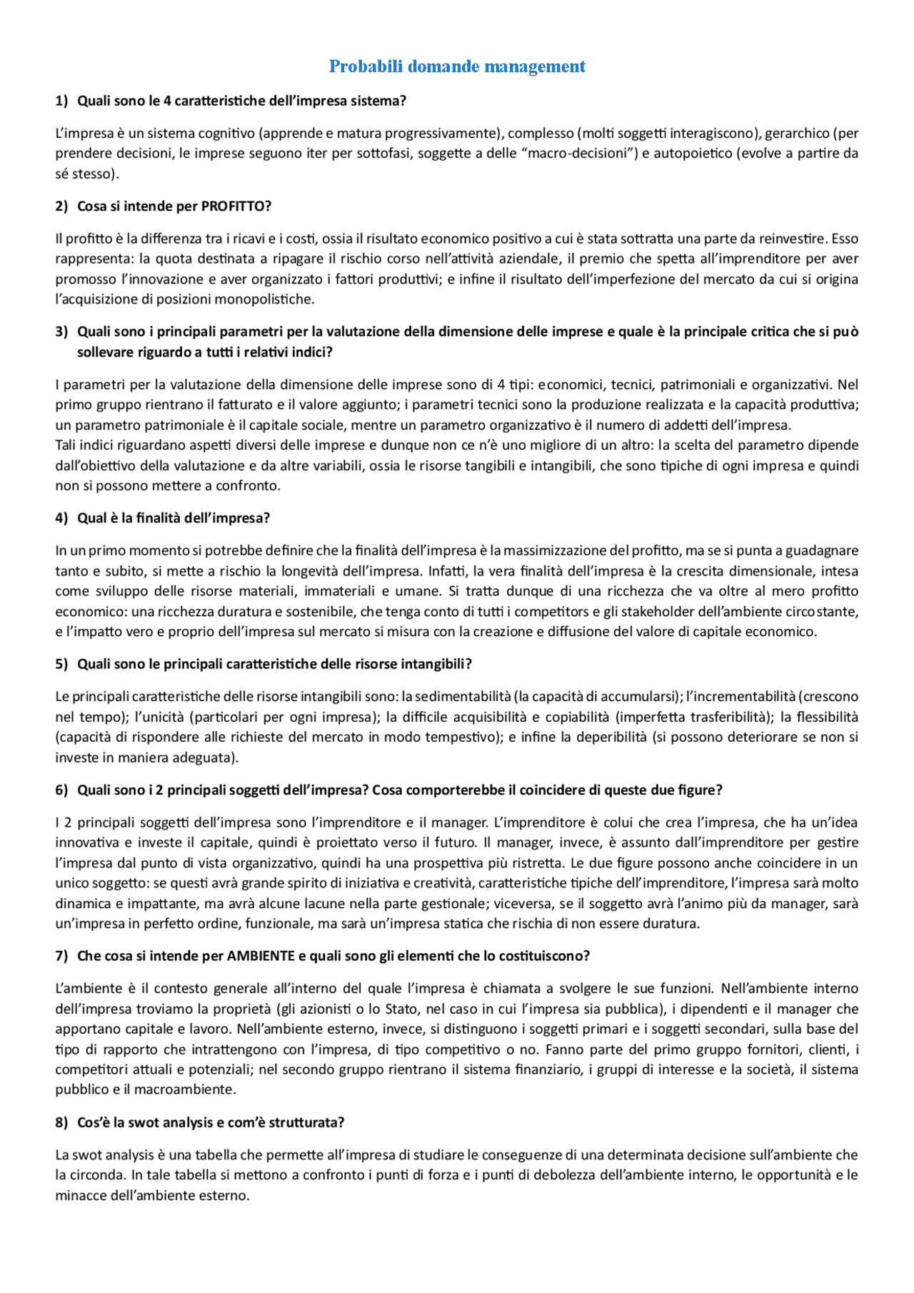 Management: domande frequenti | Prove d'esame di International Management | Docsity