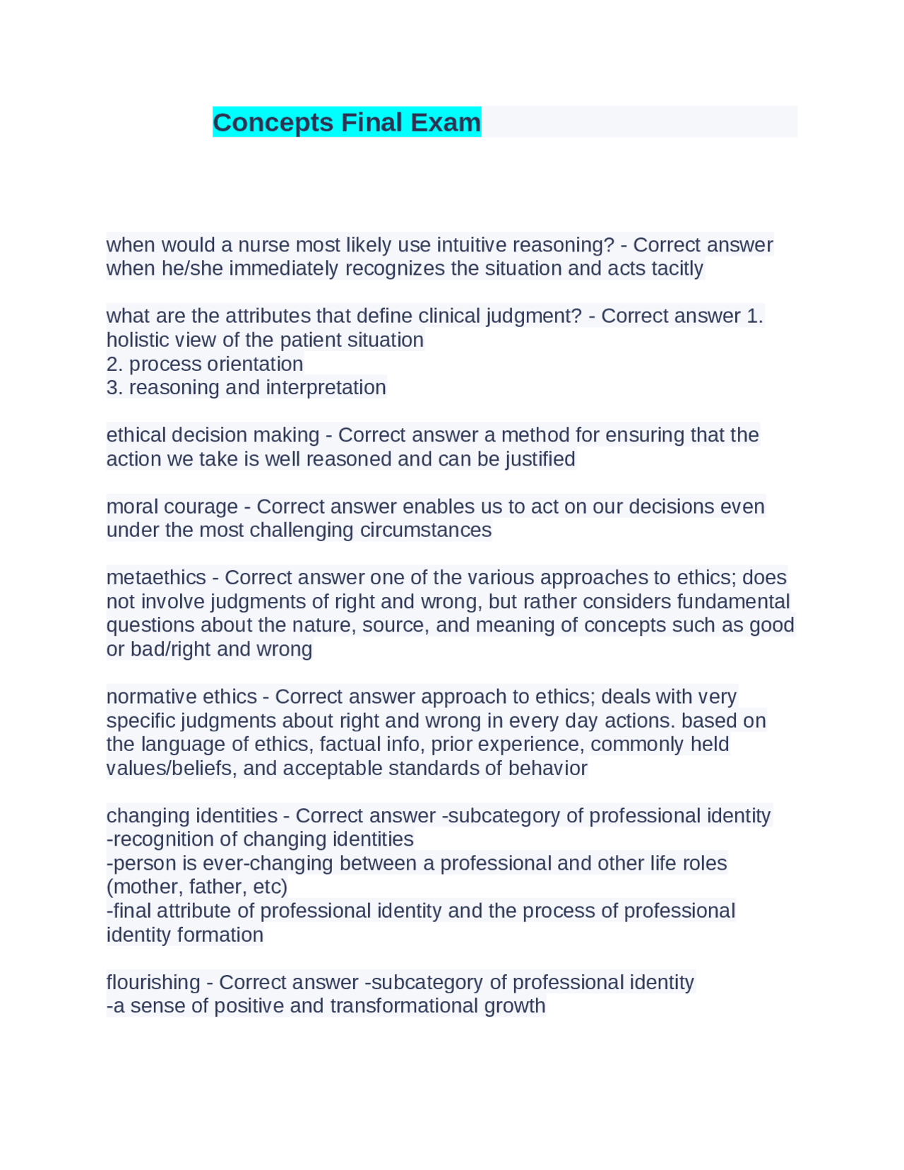 Concepts Final Examconcepts Final Exam Exams Nursing Docsity