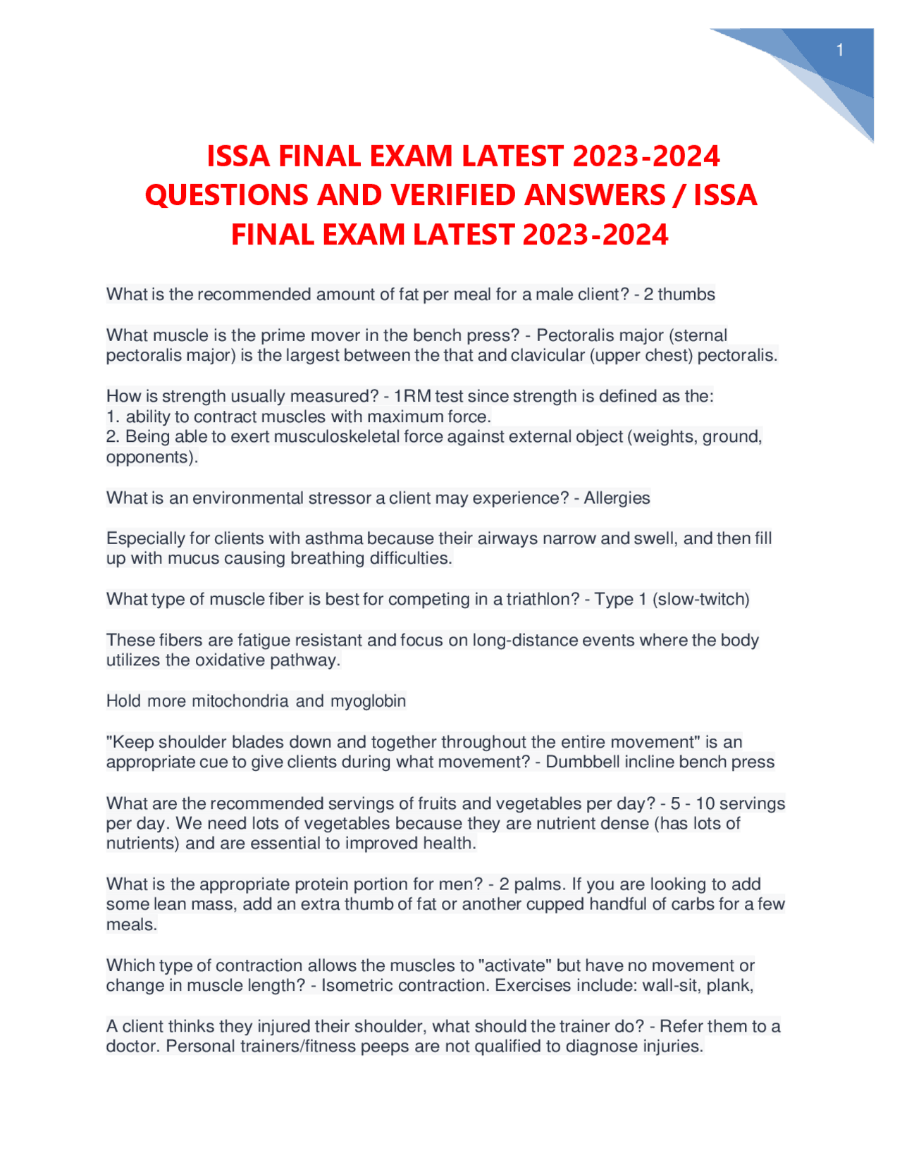 ISSA FINAL EXAM LATEST 2023-2024 QUESTIONS AND VERIFIED ANSWERS / ISSA ...