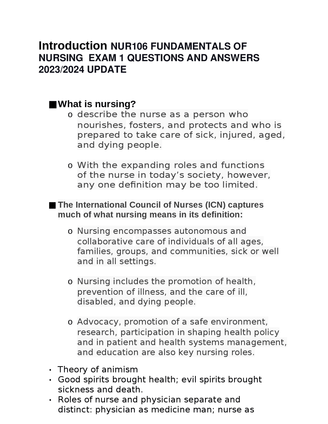 Introduction Nur106 Fundamentals Of Nursing Exam 1 Questions And