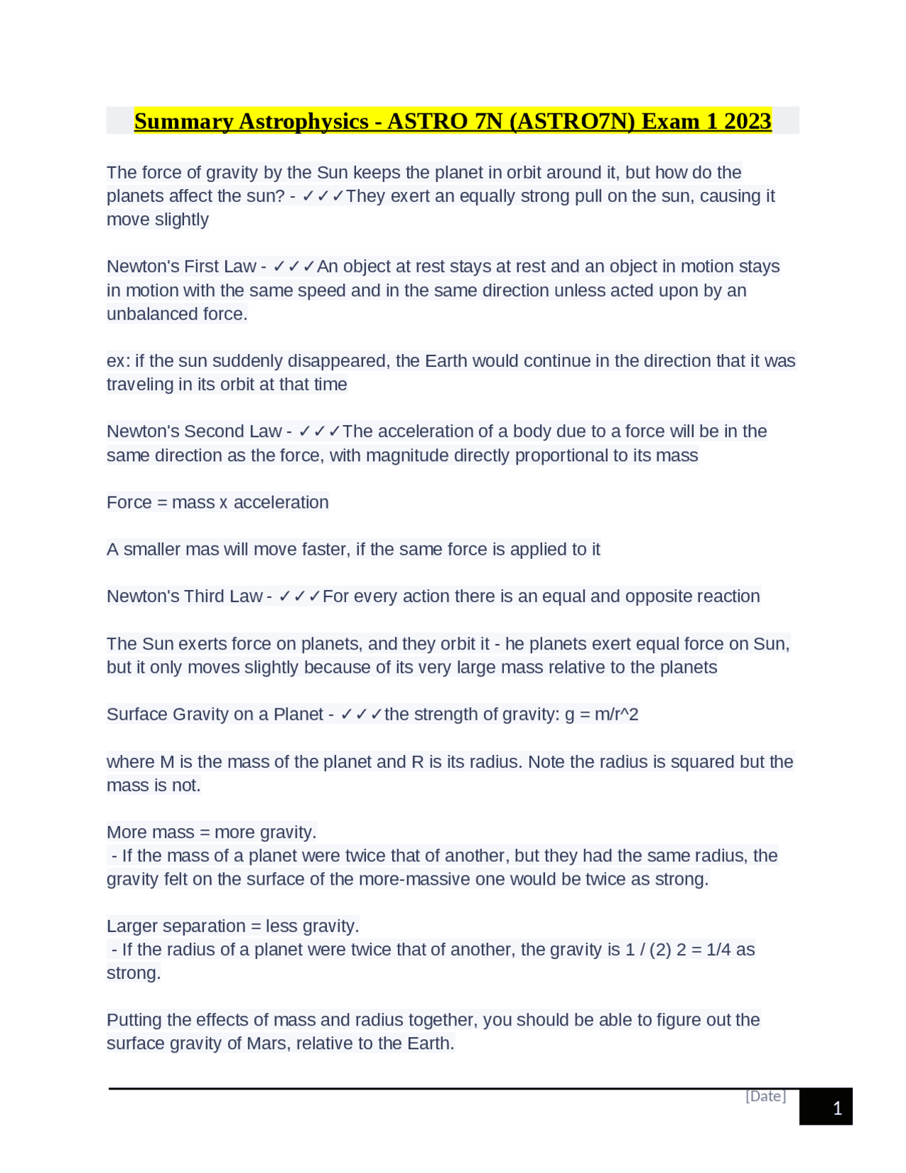 Summary Astrophysics - ASTRO 7N (ASTRO7N) Exam 1 2023 | Exams Astronomy | Docsity