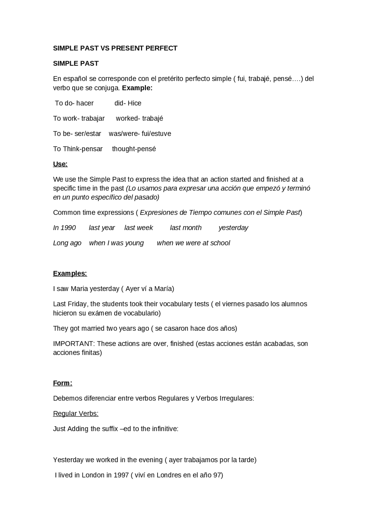 Diferencia simple past present perfect | Esquemas y mapas conceptuales de Inglés | Docsity