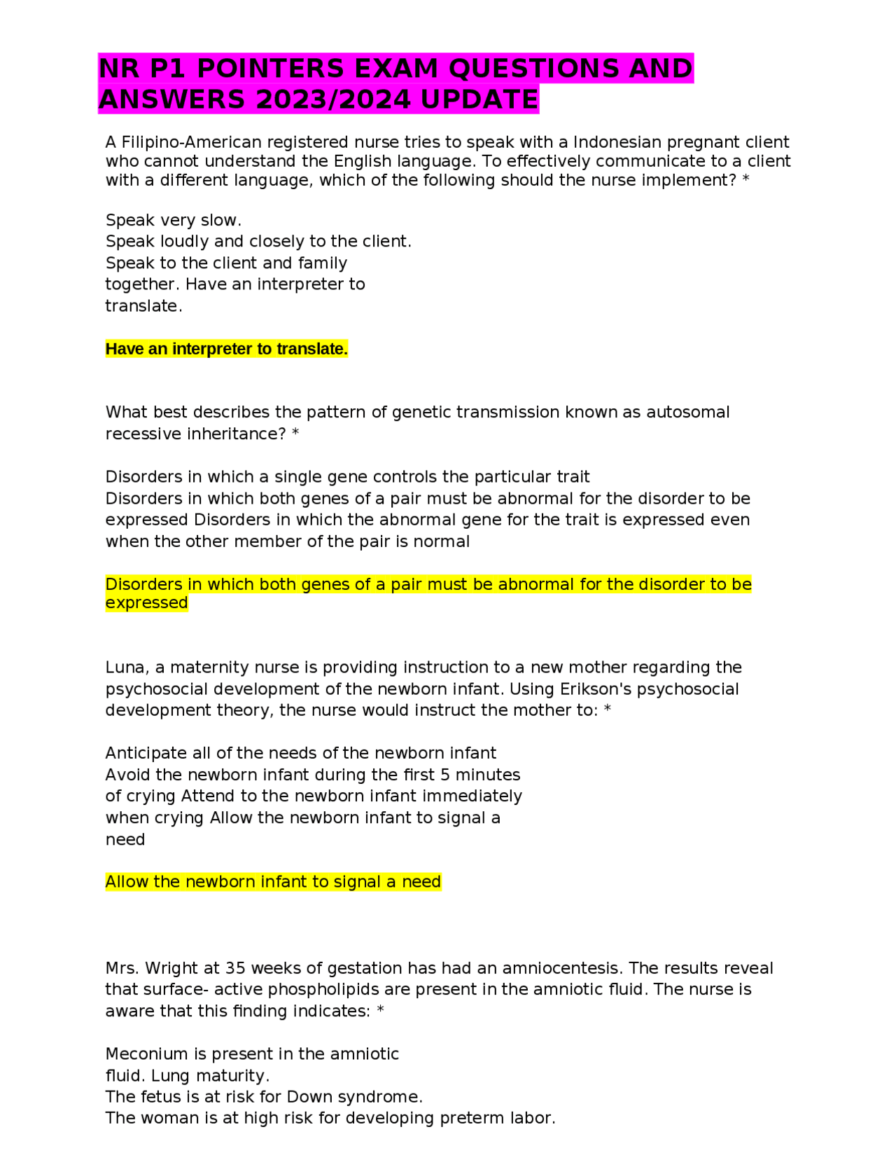 NR P1 POINTERS EXAM QUESTIONS AND ANSWERS 2023/2024 UPDATE | Exams ...