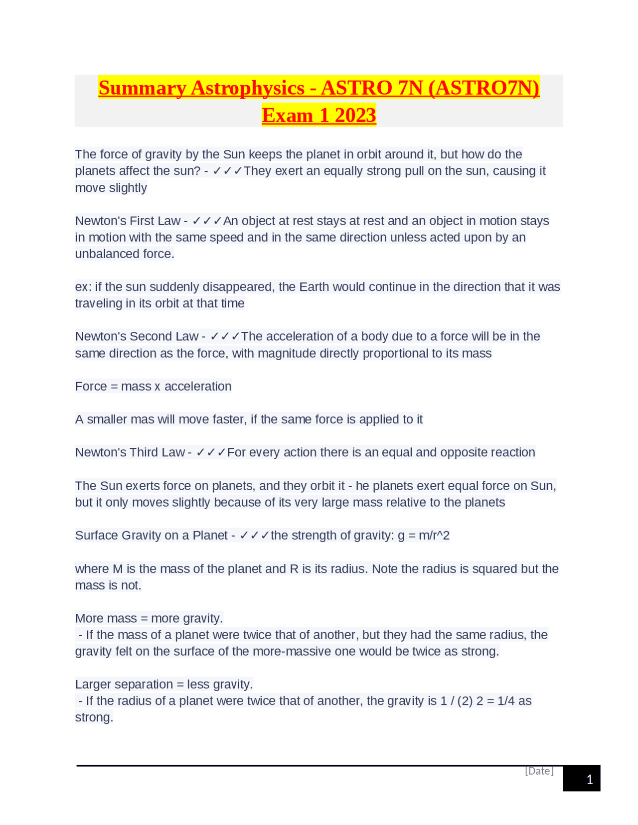 Summary Astrophysics - ASTRO 7N (ASTRO7N) Exam 1 2023 | Exams Astronomy | Docsity