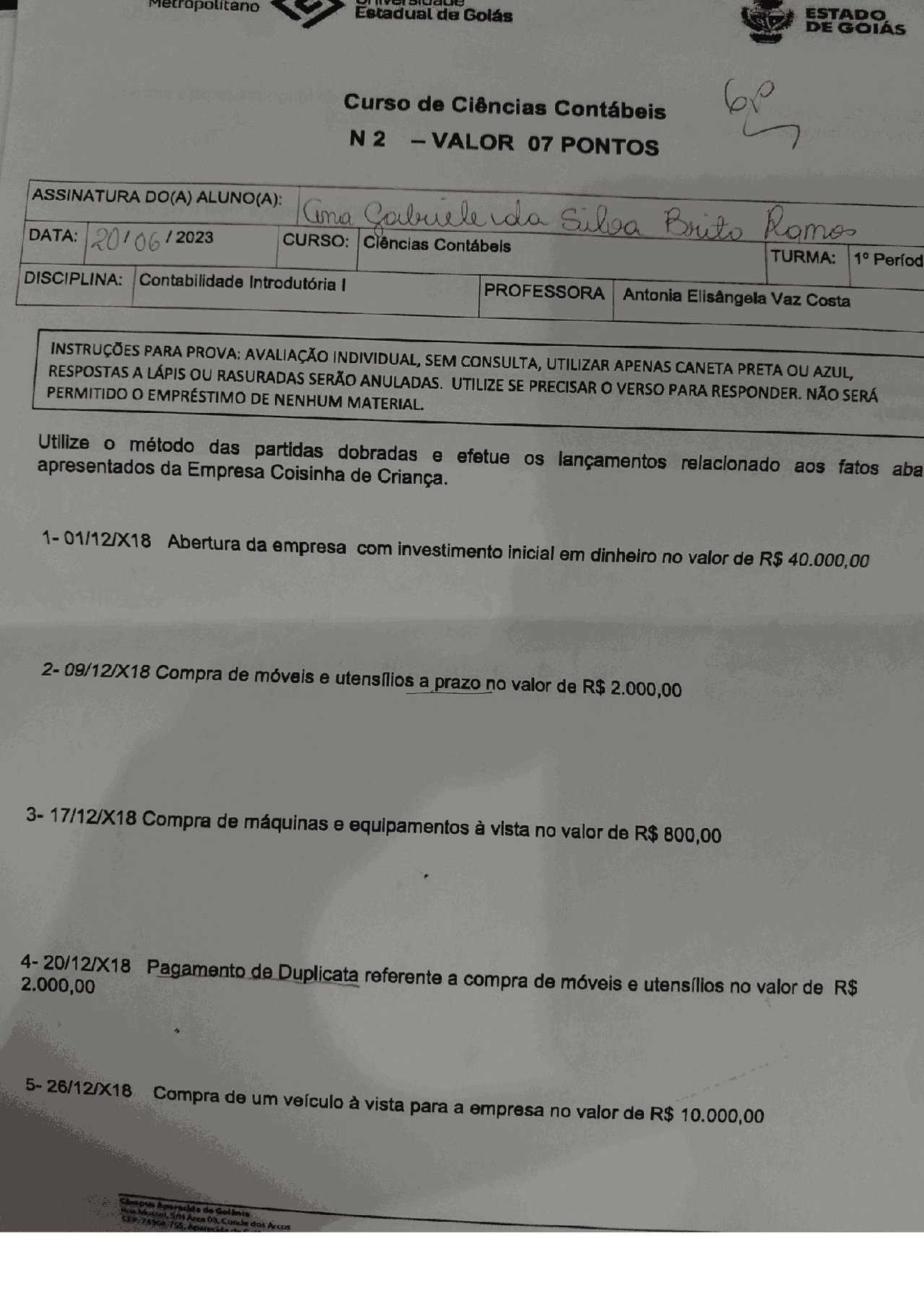 Prova de contabilidade introdutória I | Provas Contabilidade | Docsity